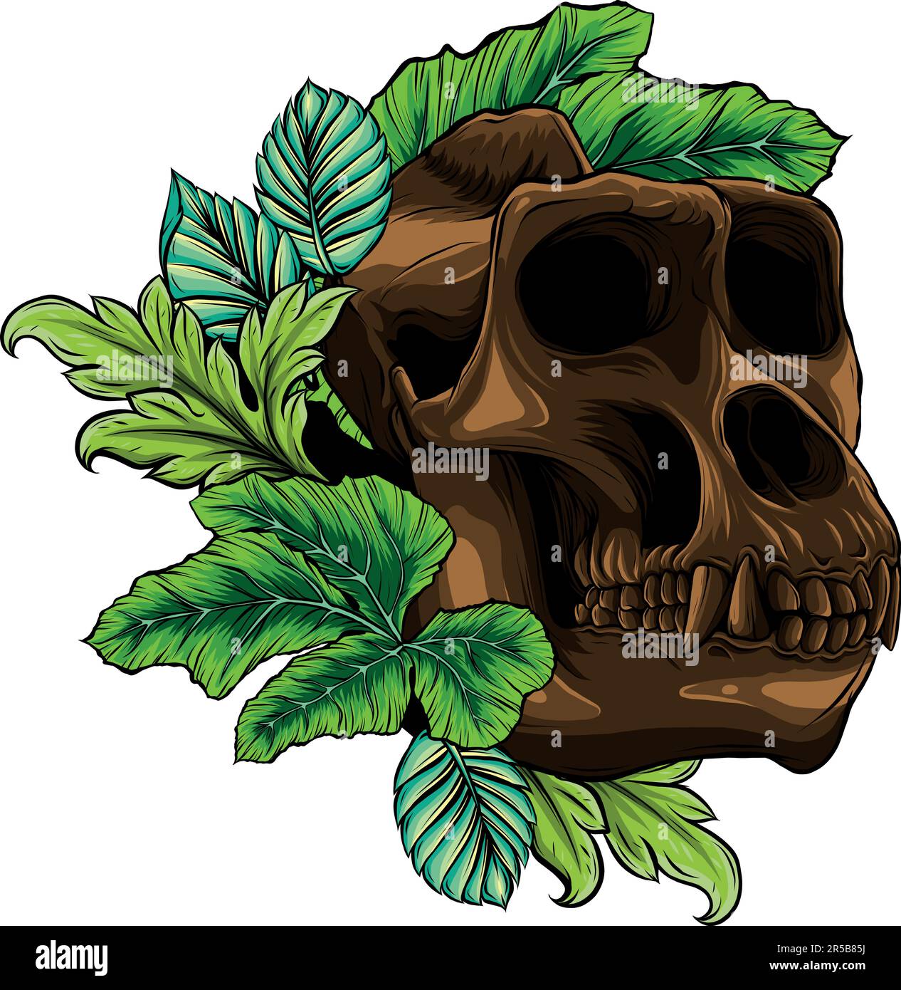 illustration of Gorilla monkey skull with leaves Stock Vector Image ...