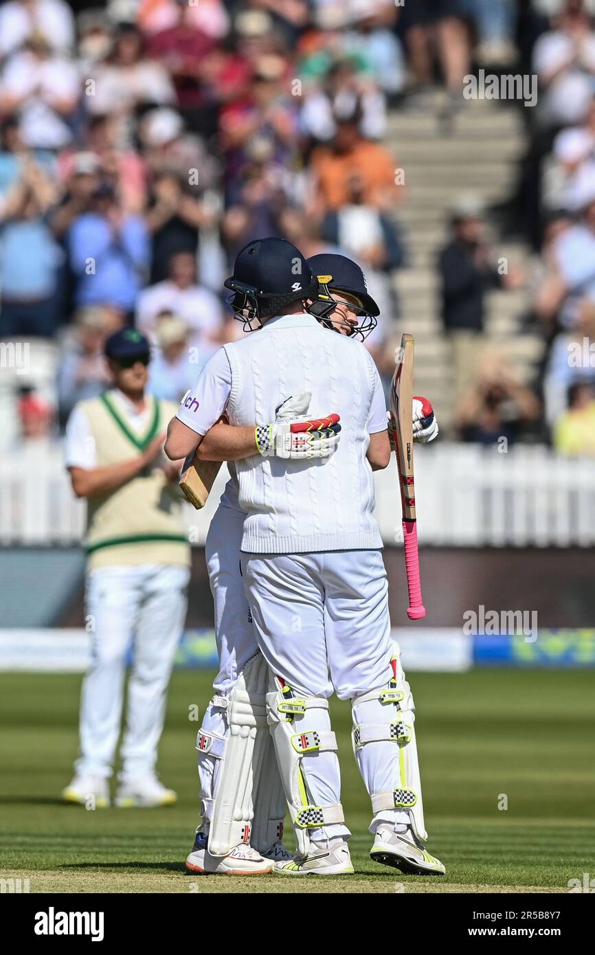 Ollie Pope of England celebrates with Harry Brook of England his double ...