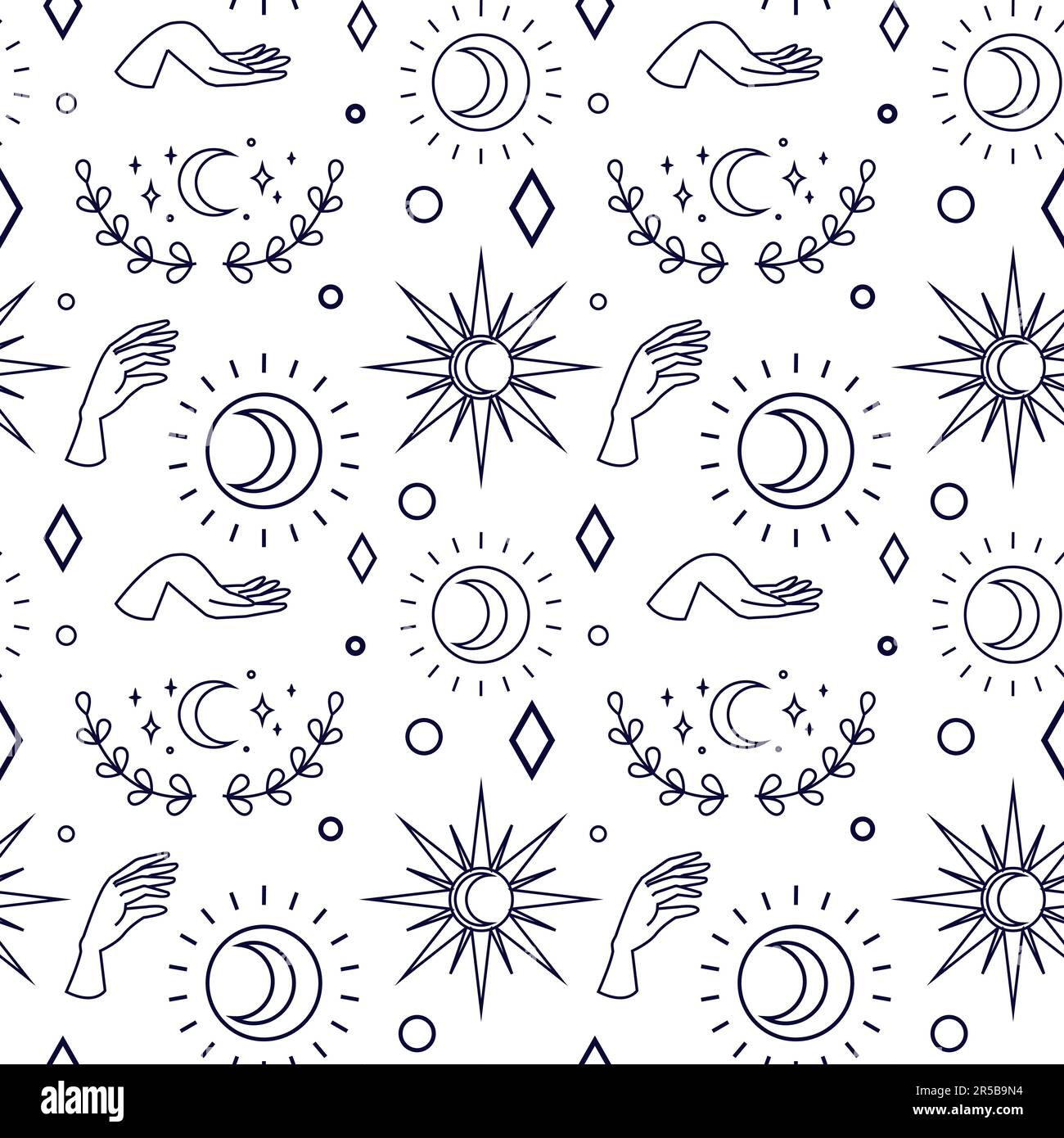 Vector magic seamless pattern with sun, moon, branch and stars ...