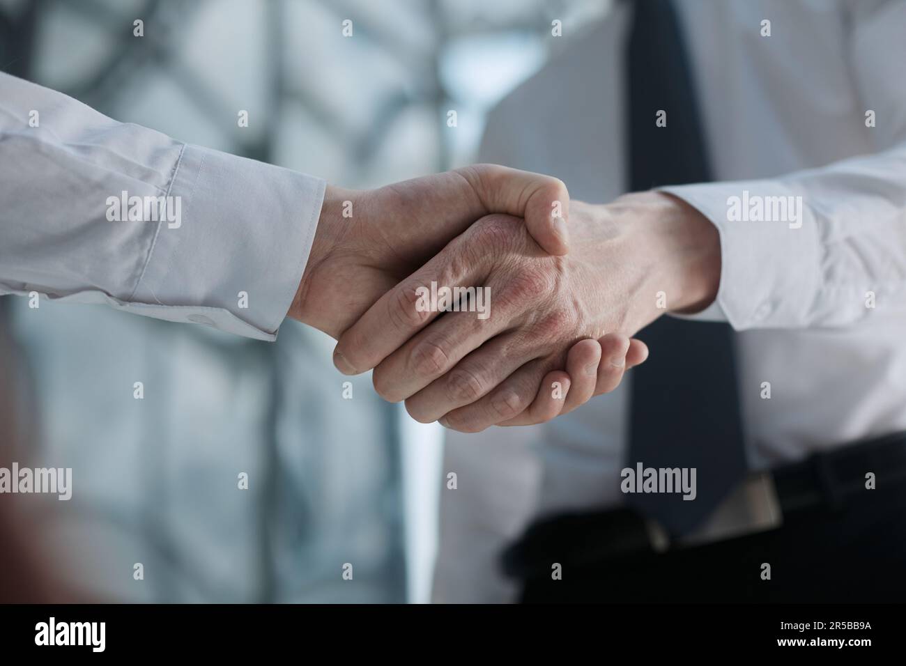 Two businessmen shake hands on the background of empty modern office ...