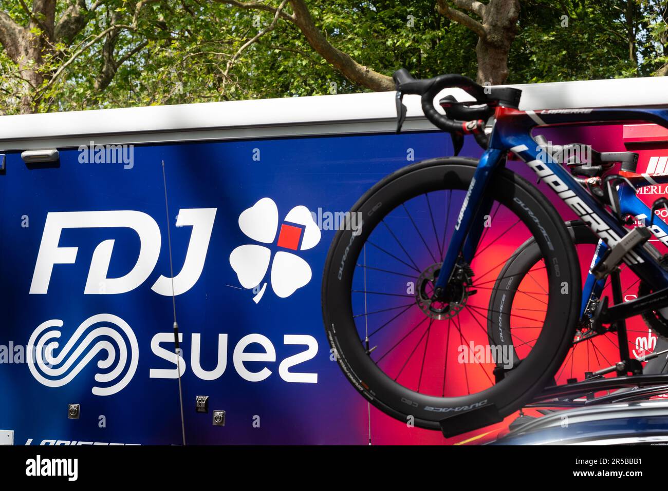 FDJ Suez support vehicle and racing bicycle at Classique UCI Women's WorldTour road race Stage 3 ...