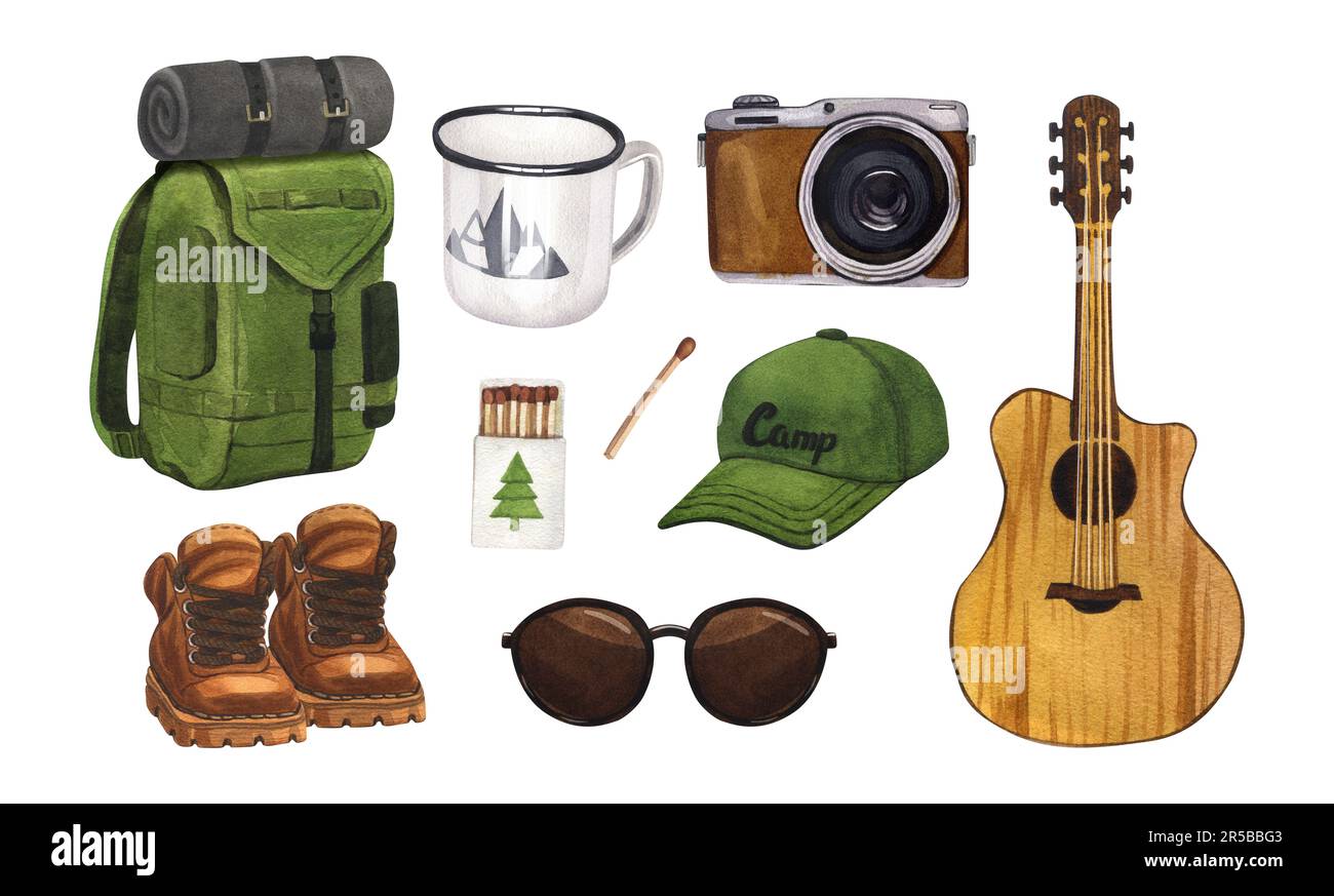 Camping, hiking equipment for trekking tourists watercolor set. Summer ...
