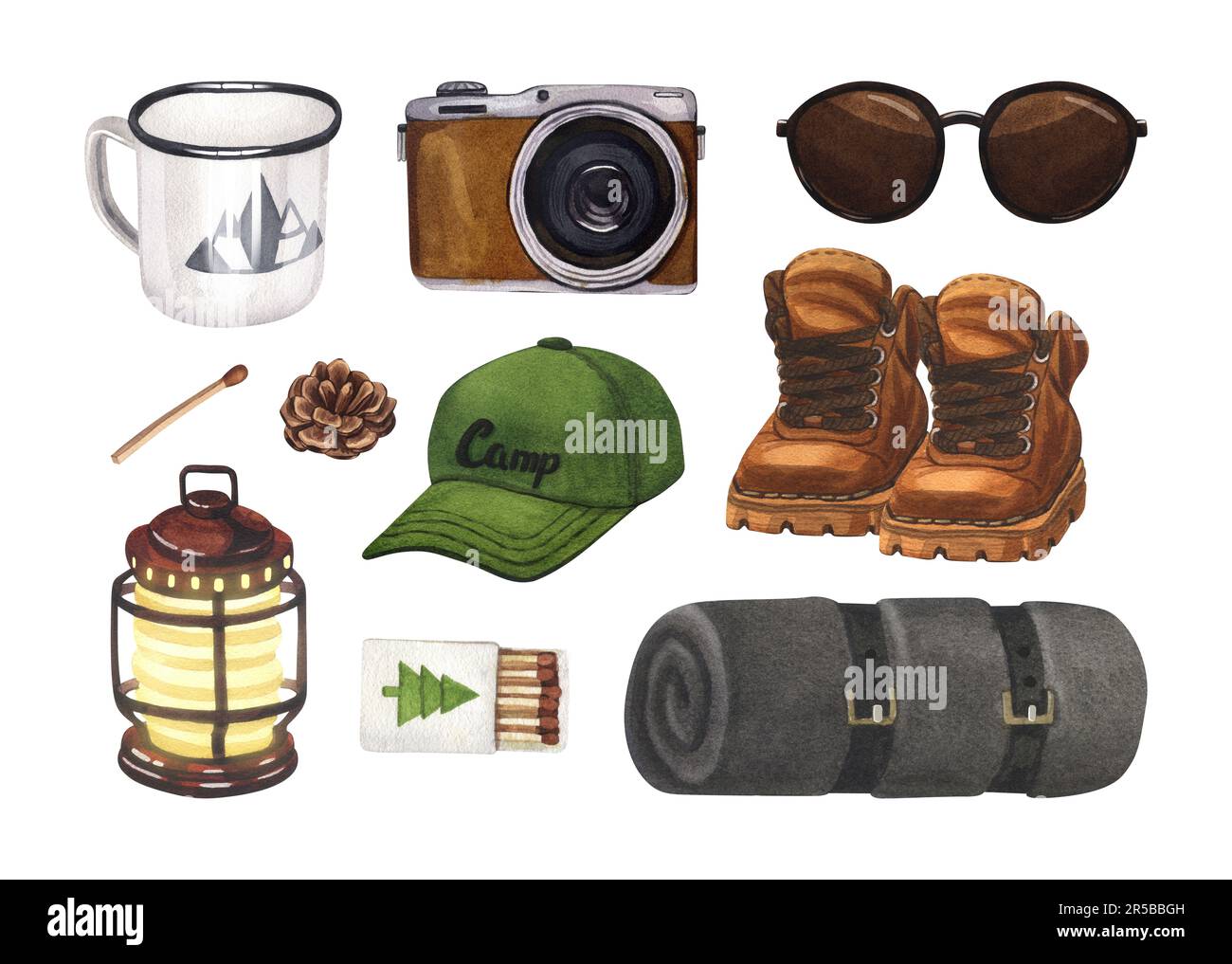 Camping, hiking equipment for trekking tourists watercolor set. Summer ...