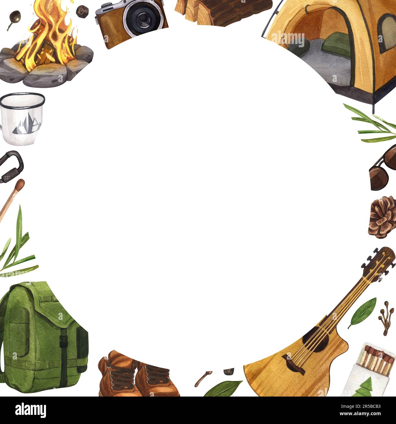 Watercolor round circle composition camping. Hand-drawn illustration ...