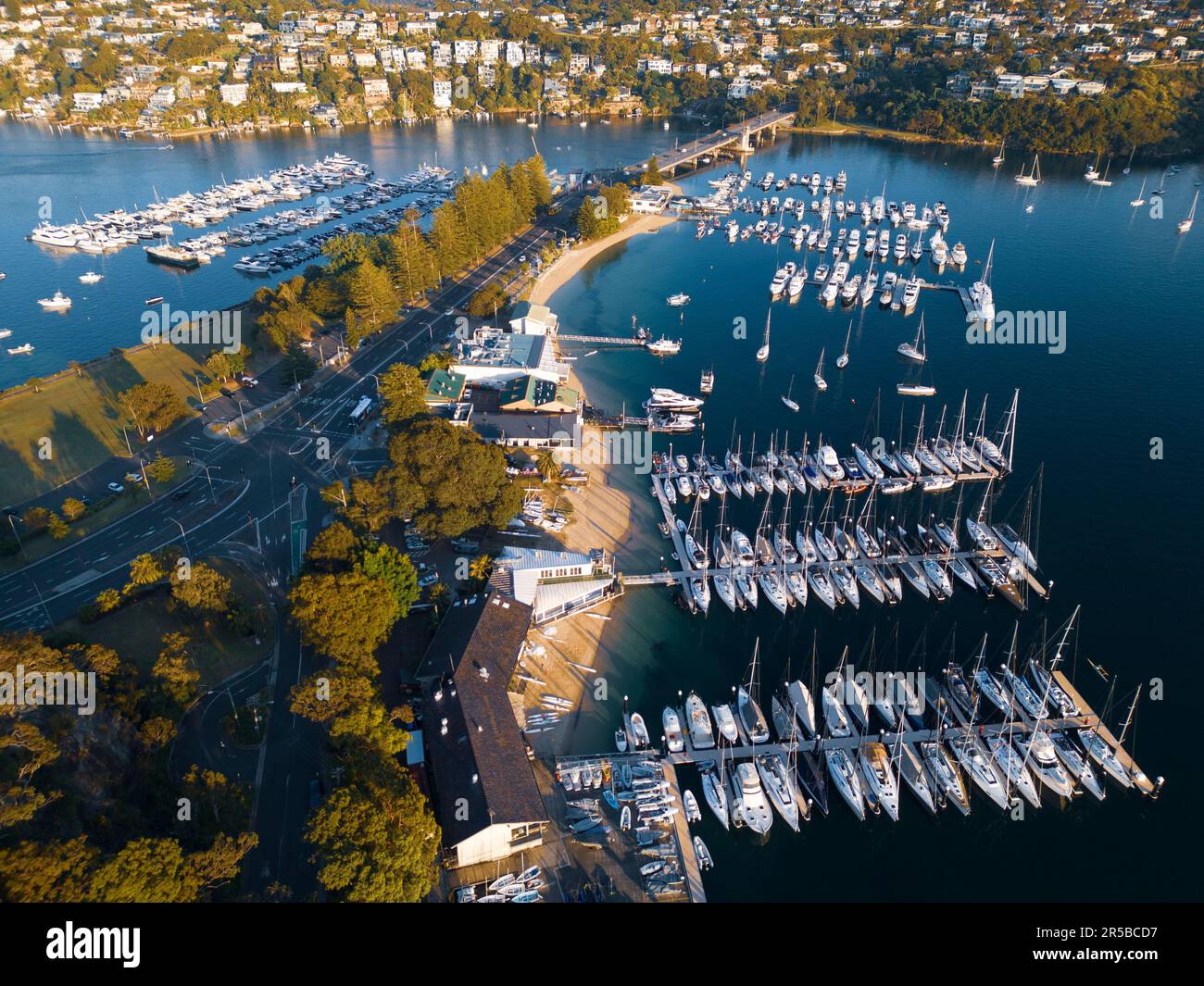 A fleet of boats floating peacefully in a marina harbor with a bustling ...