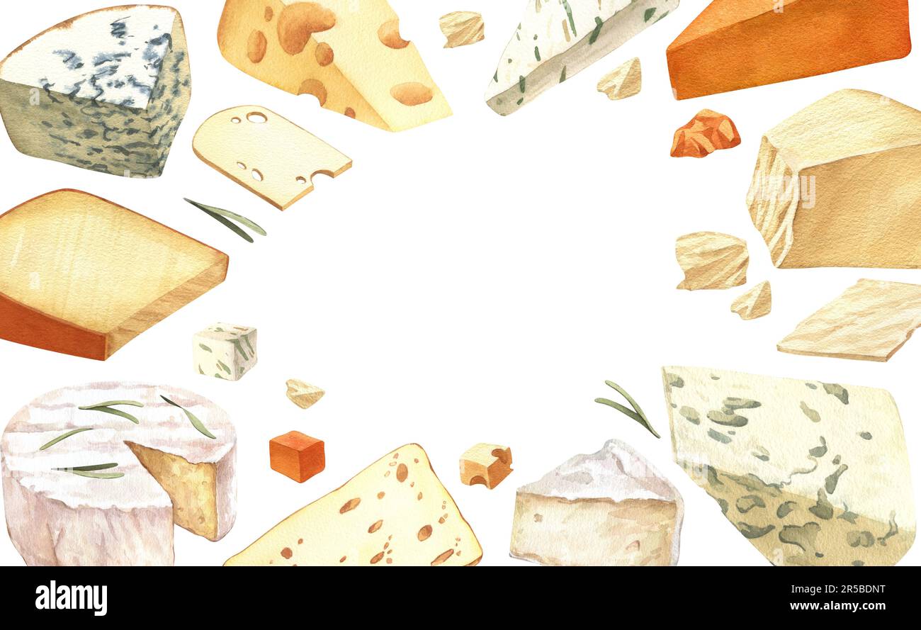 Watercolor different cheese frame template. Hand draw card background ...