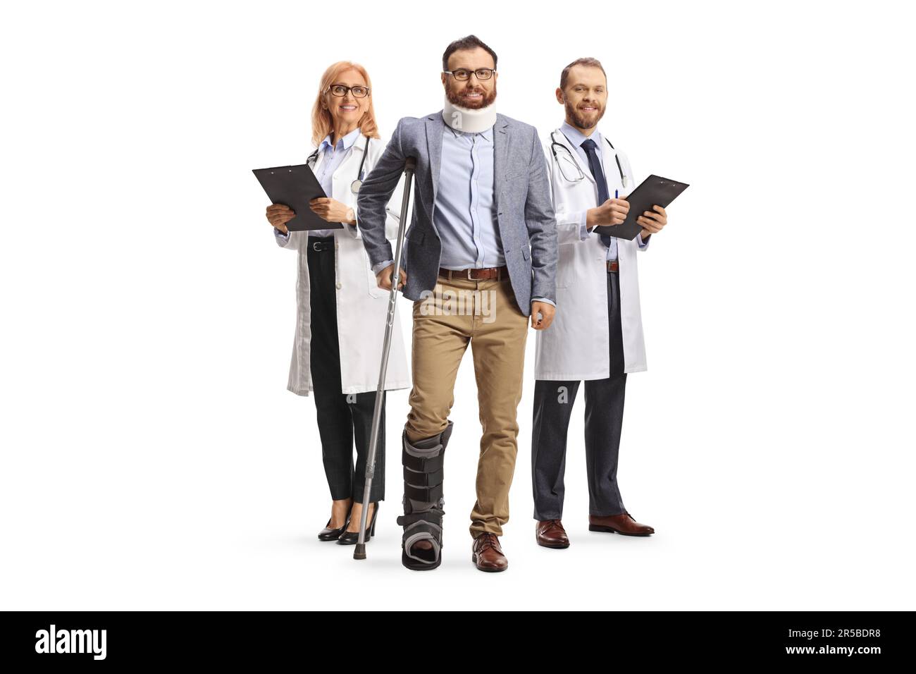 Team of doctors and a male patient with an orthopedic boot and cervical ...