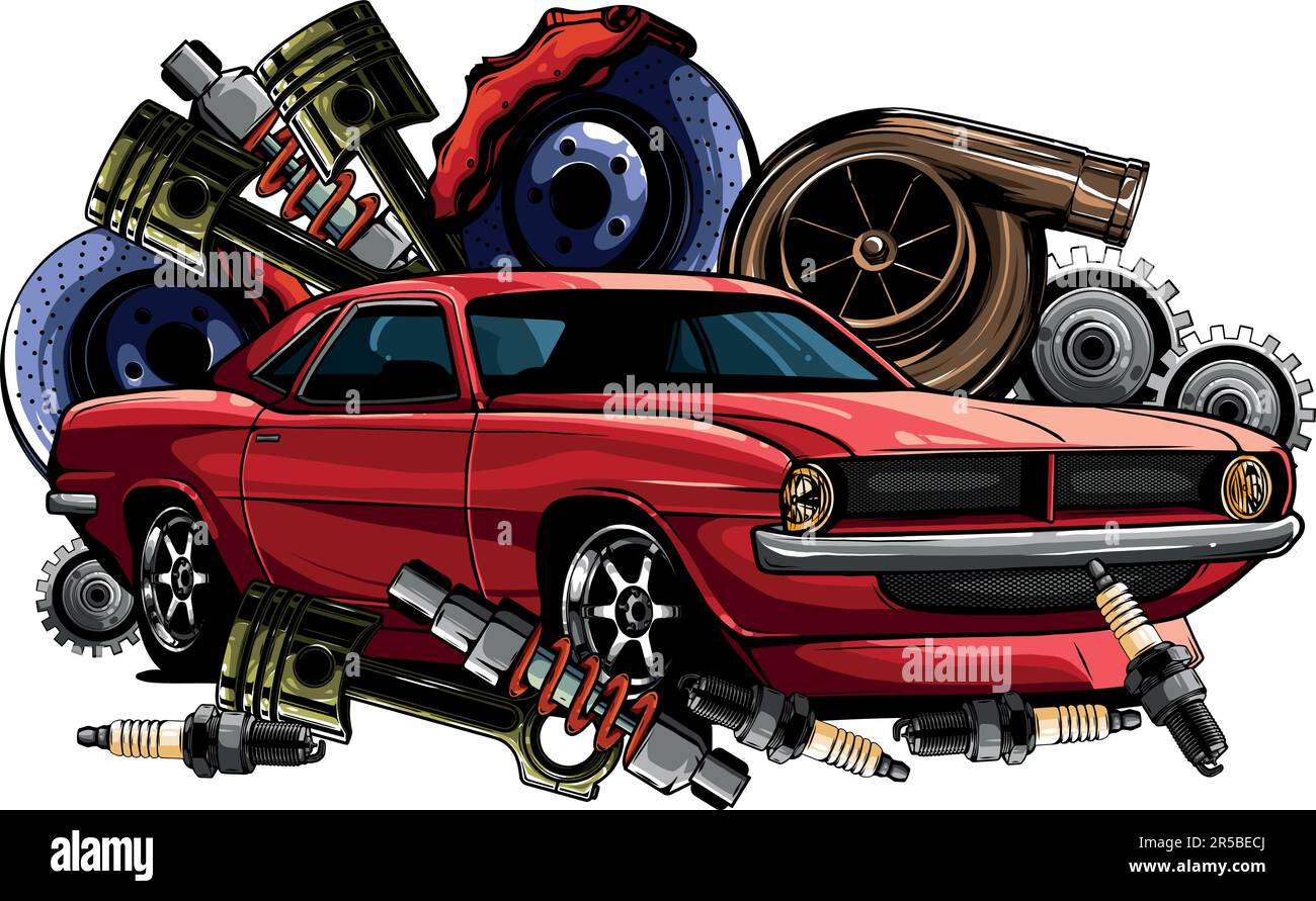 Vintage car components collection witn automobile motor engine piston ...