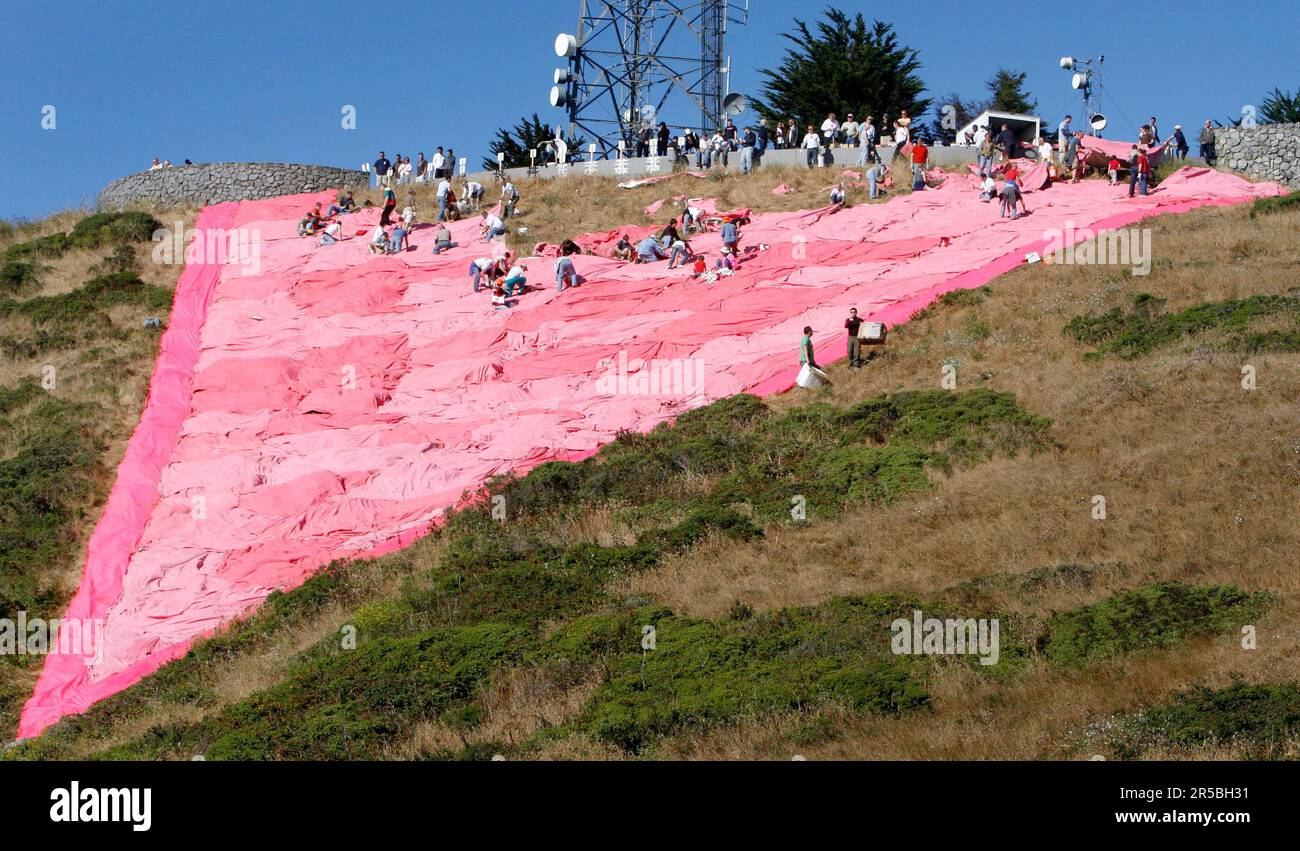 Dozens of volunteers erected a giant pink triangle on the slopes of ...