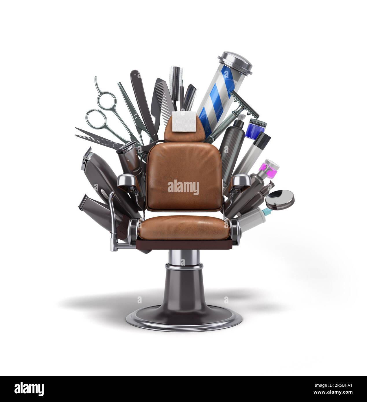leather barber chair with accessories and tools front view 3d render on ...