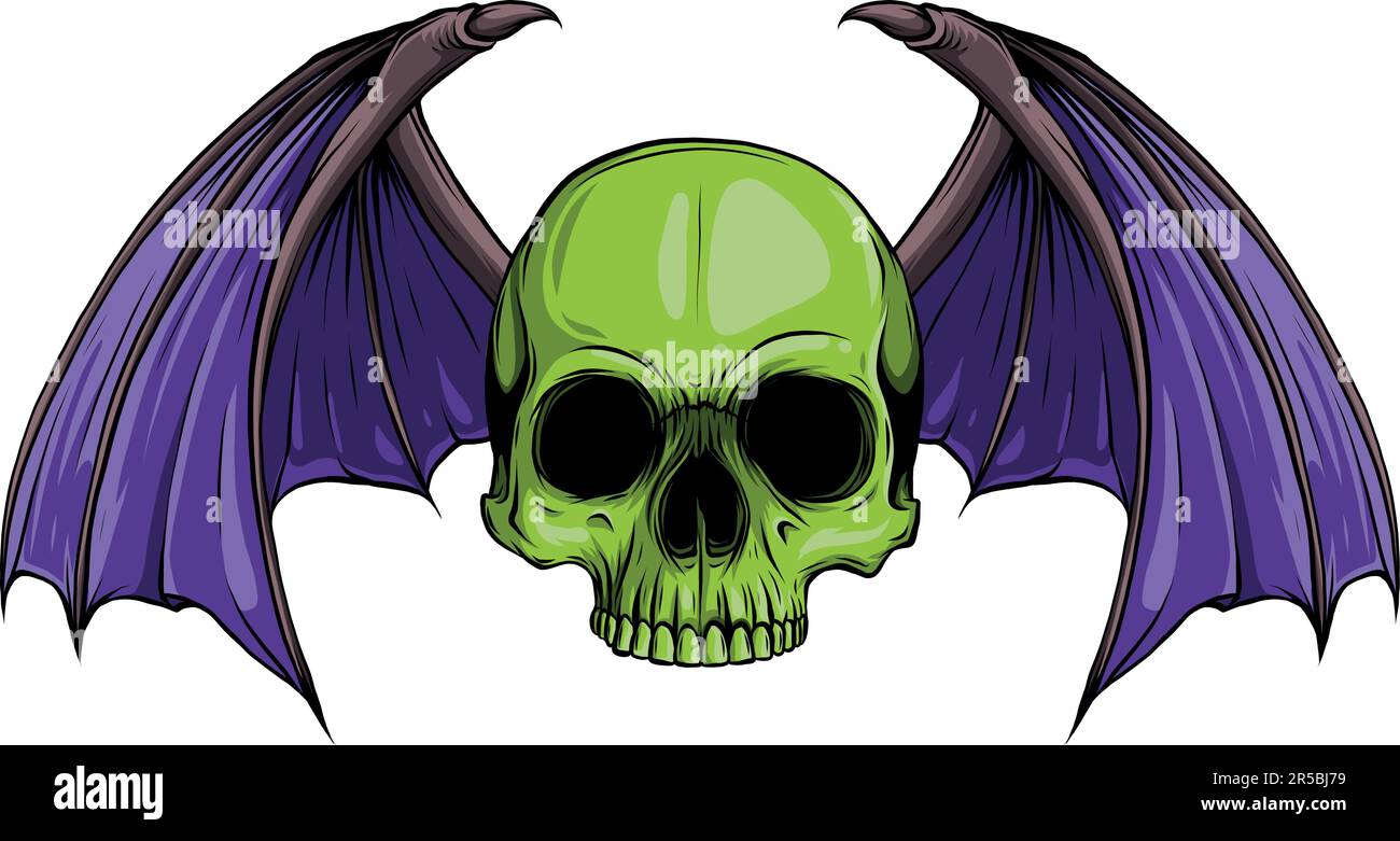 A winged skull bat or dragon wings in a vintage woodcut etched or ...