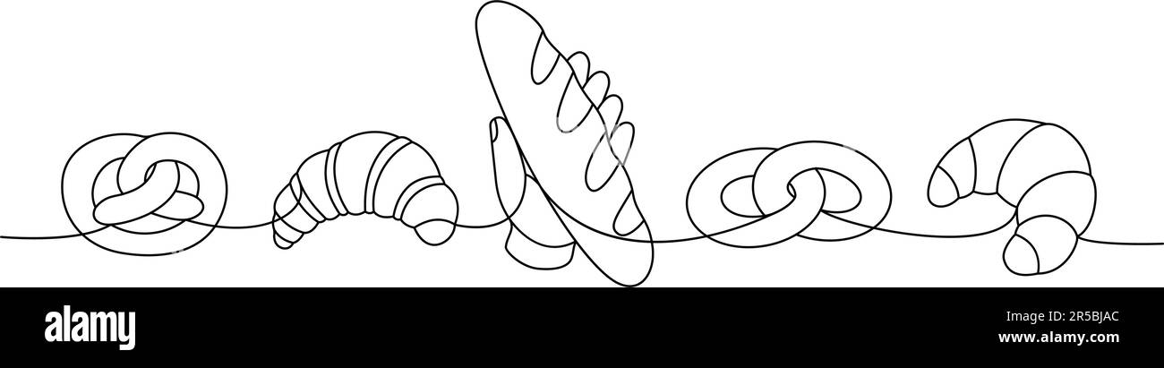 Pastry products one line continuous drawing. Wheat bread, pretzel ...