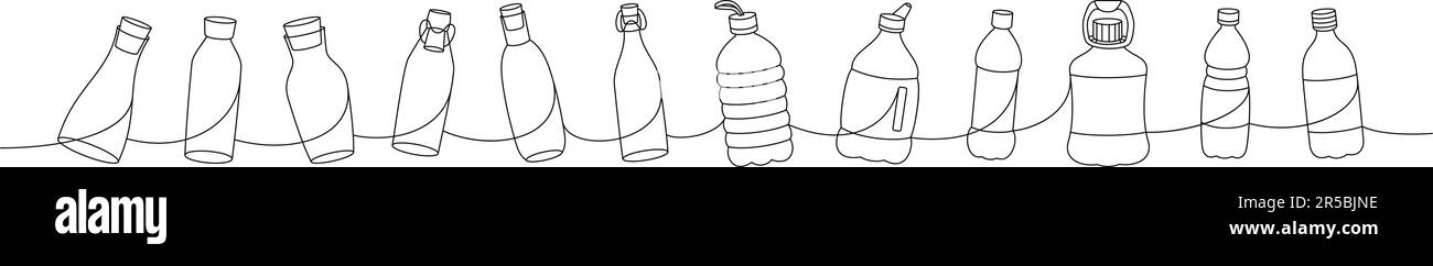Bottles one line continuous drawing. Empty glass and plastic bottles ...