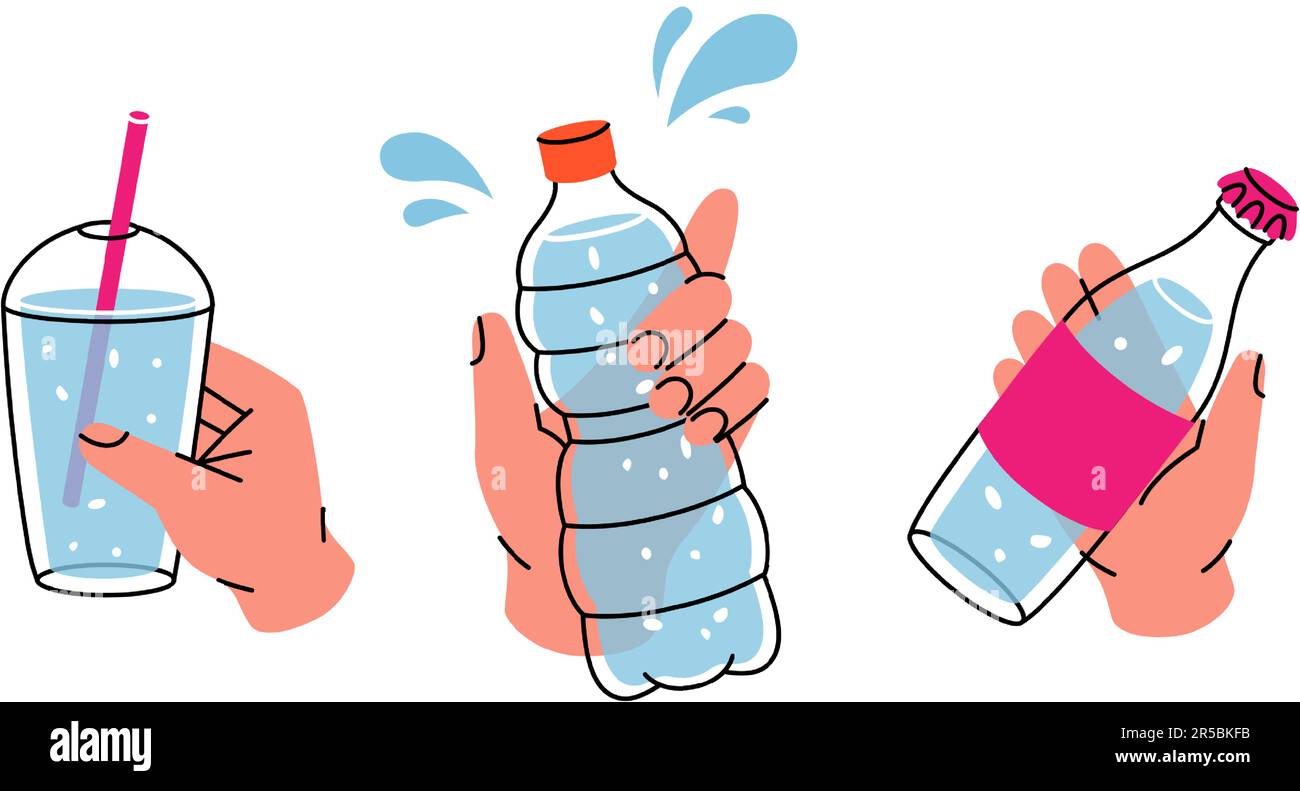 Hands hold plastic bottles. Plastic bottles and glass beaker silhouette ...