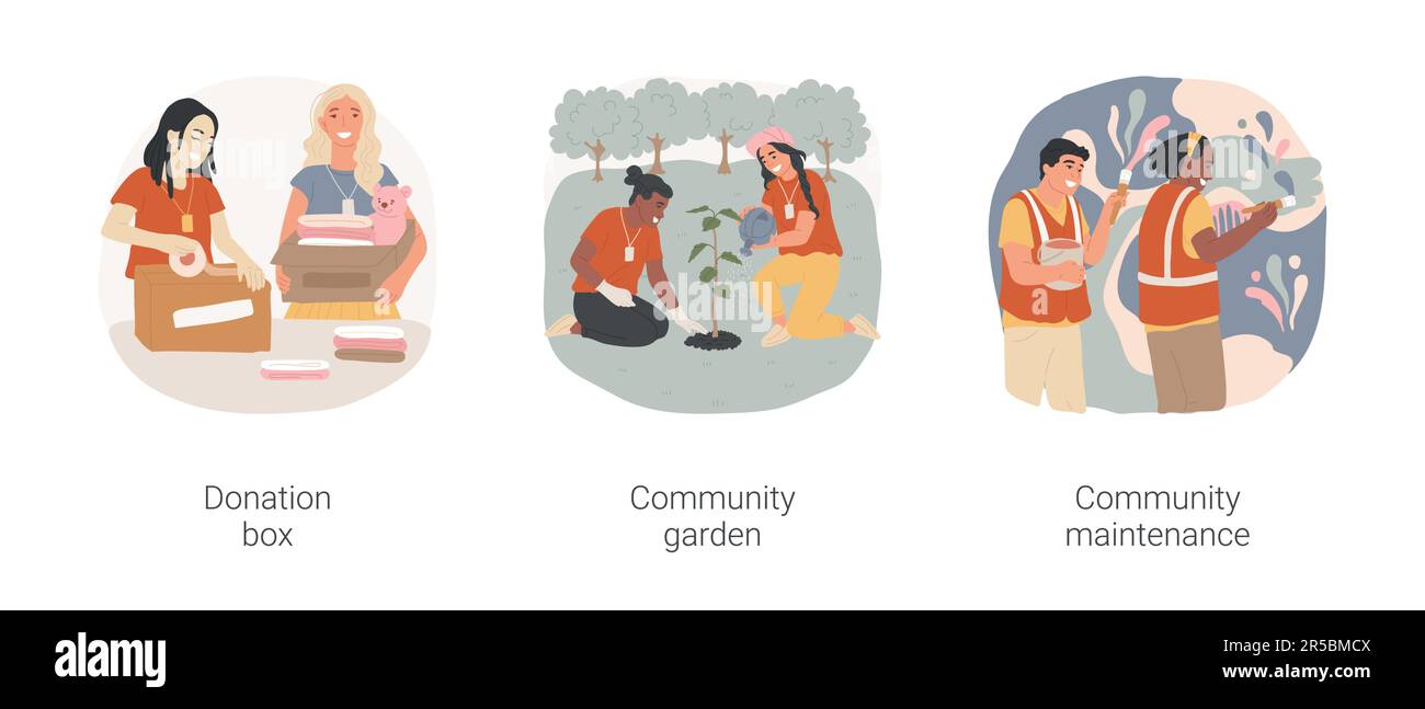 Charity work isolated cartoon vector illustration set. Teenagers ...