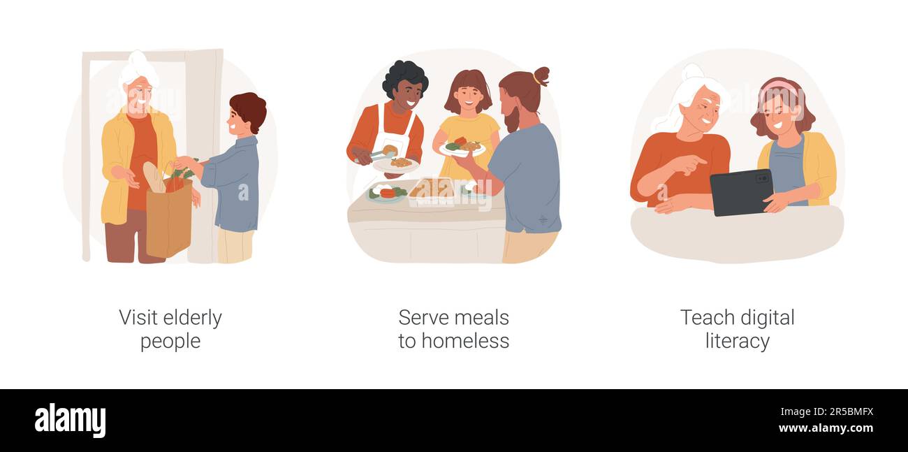 Volunteering experience isolated cartoon vector illustration set. Visit ...