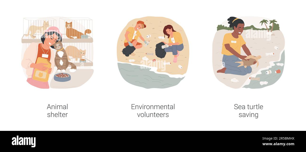 Volunteering job isolated cartoon vector illustration set. Teenager ...