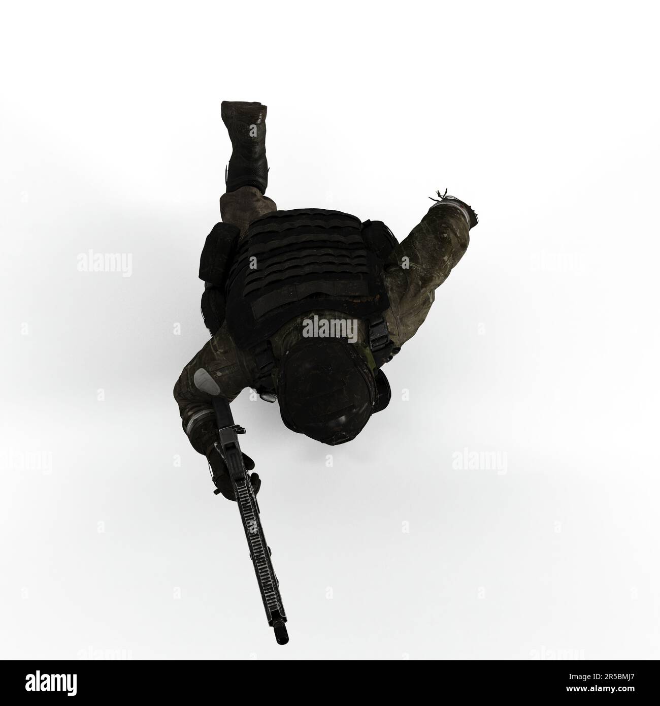 A 3D rendering of military personnel running in full gear, holding an ...