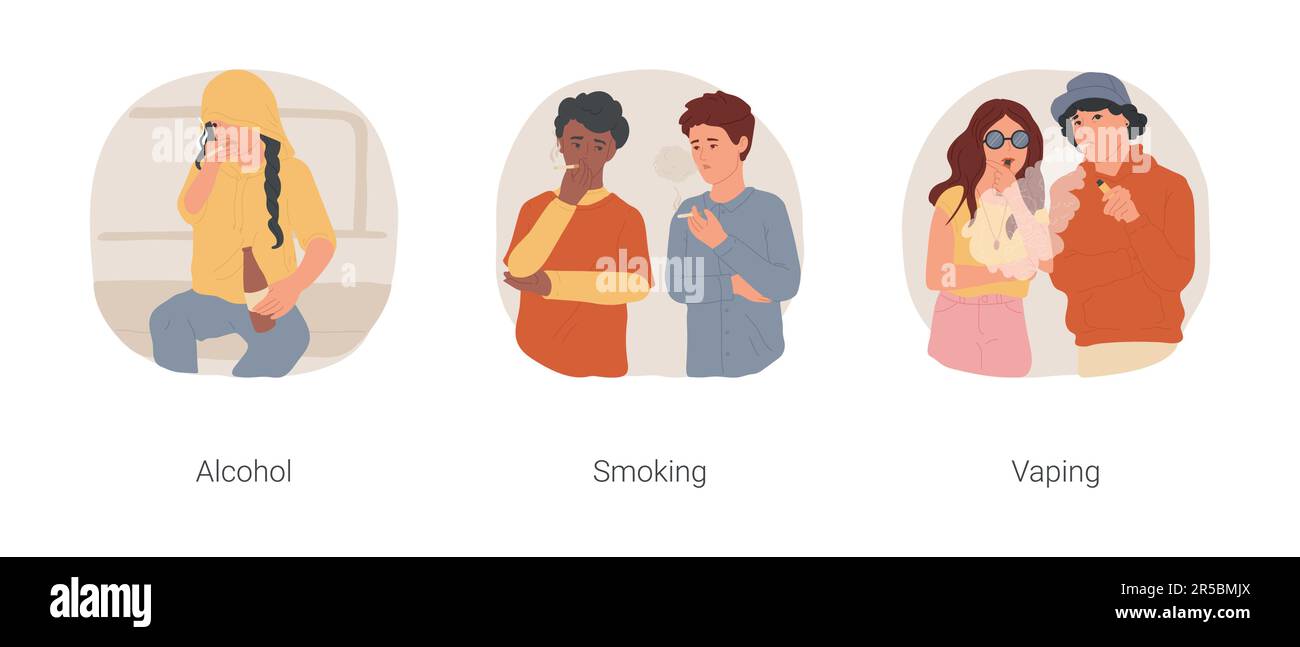 Common bad habits isolated cartoon vector illustration set. Teenage ...