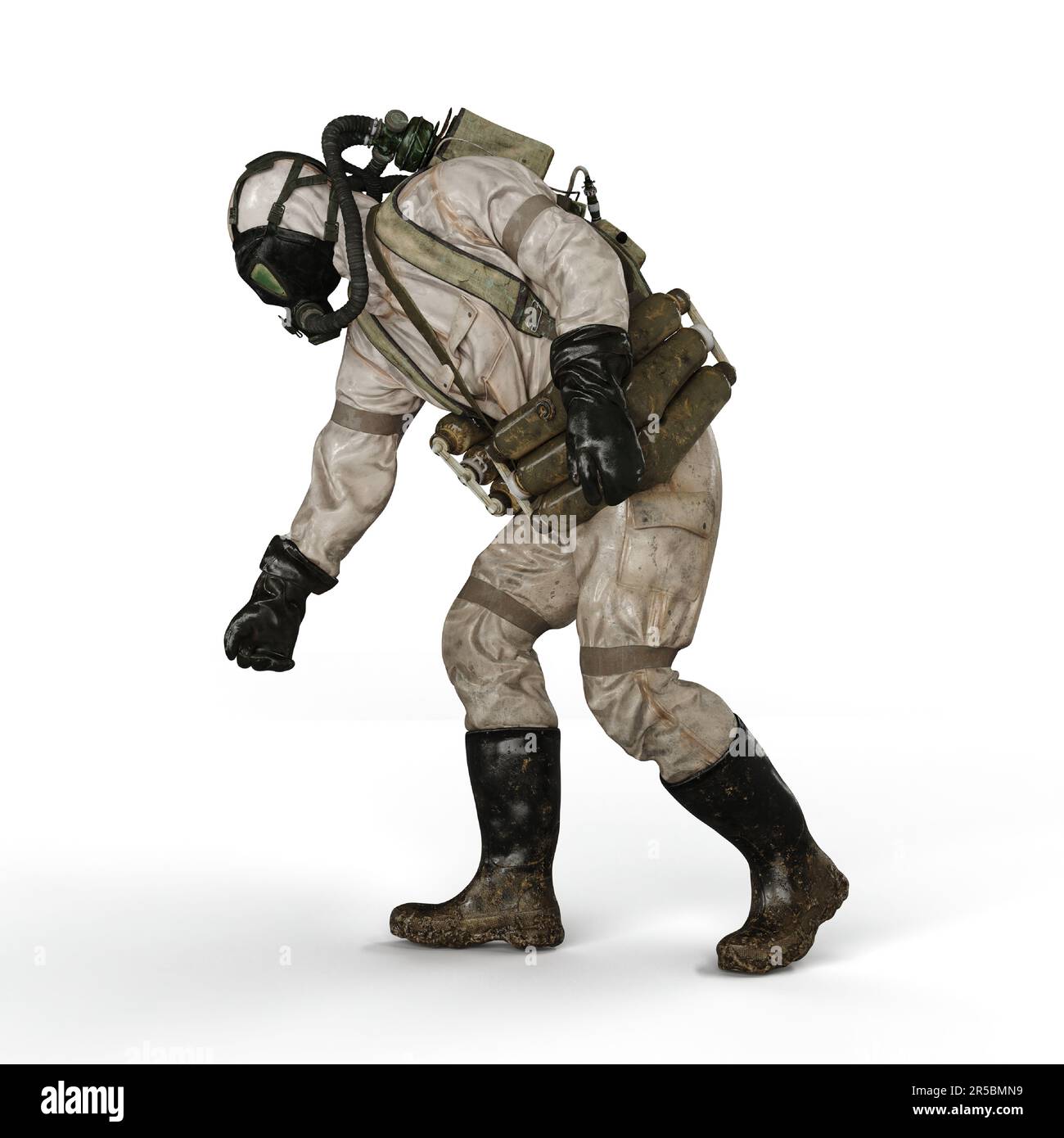 A 3D rendering of a military soldier in full uniform, wearing a gas ...