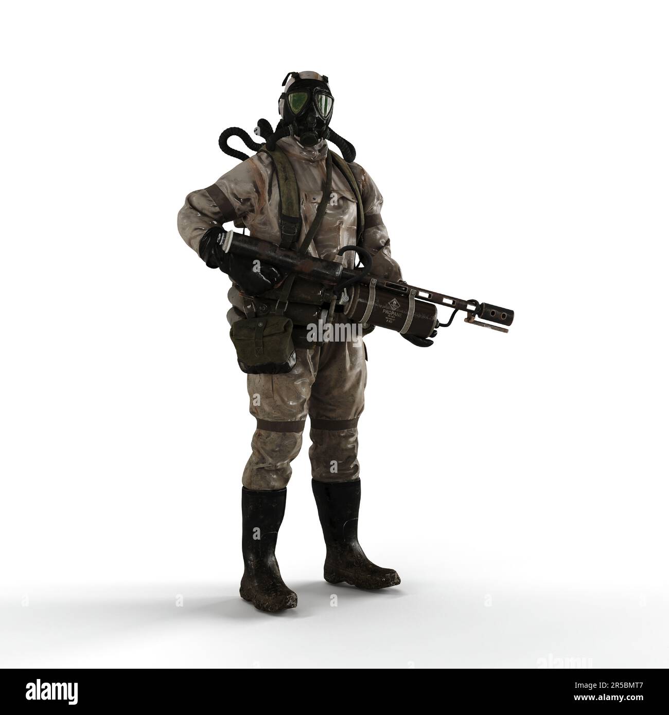 3D illustration of a man wearing a gas mask and armed with a weapon ...