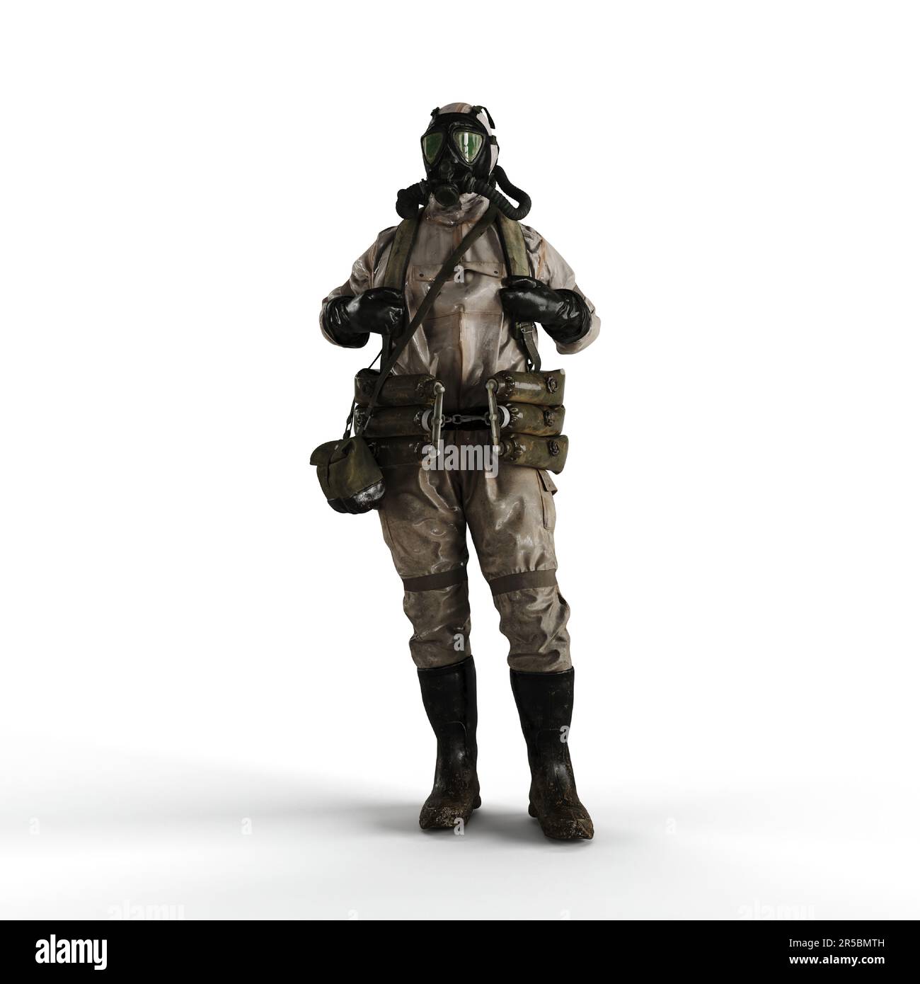 A 3d rendering of a person wearing a gas mask suit on a white ...