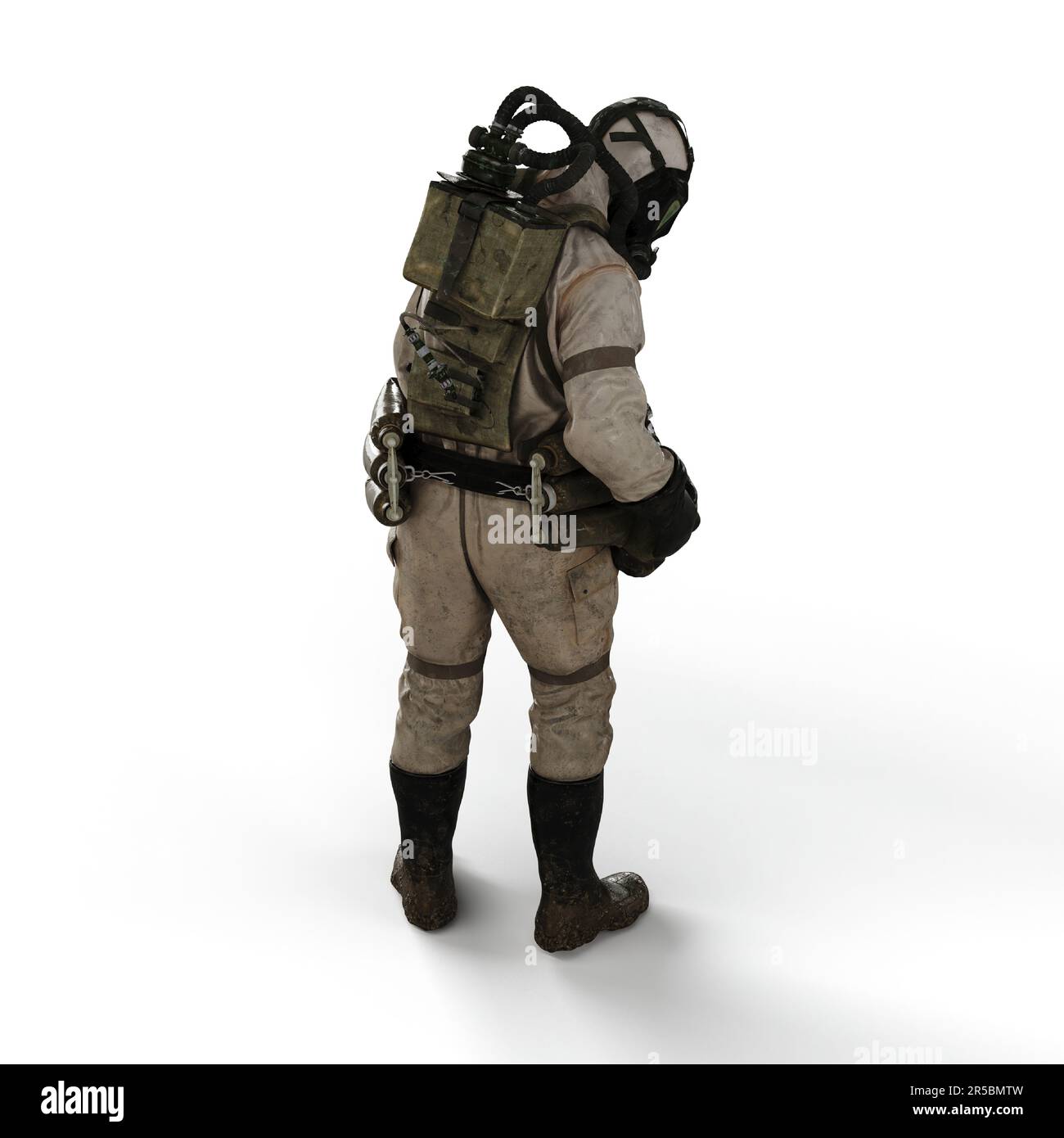 A 3d rendered image of a person wearing a gas mask suit, designed to ...