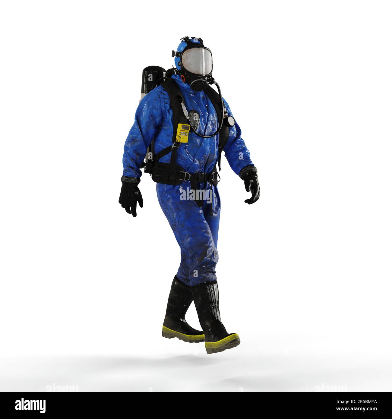 A 3d rendered illustration of a person wearing a blue gas mask and ...