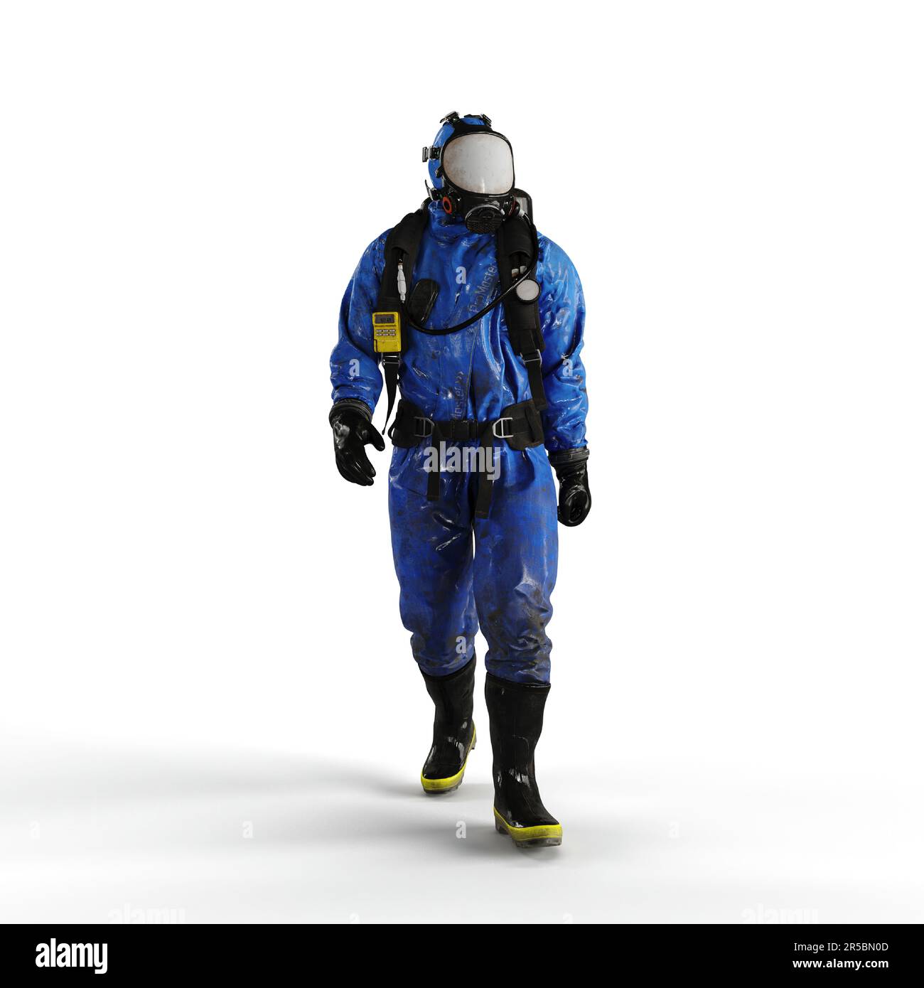 A 3d rendered illustration of a person wearing a blue gas mask and ...
