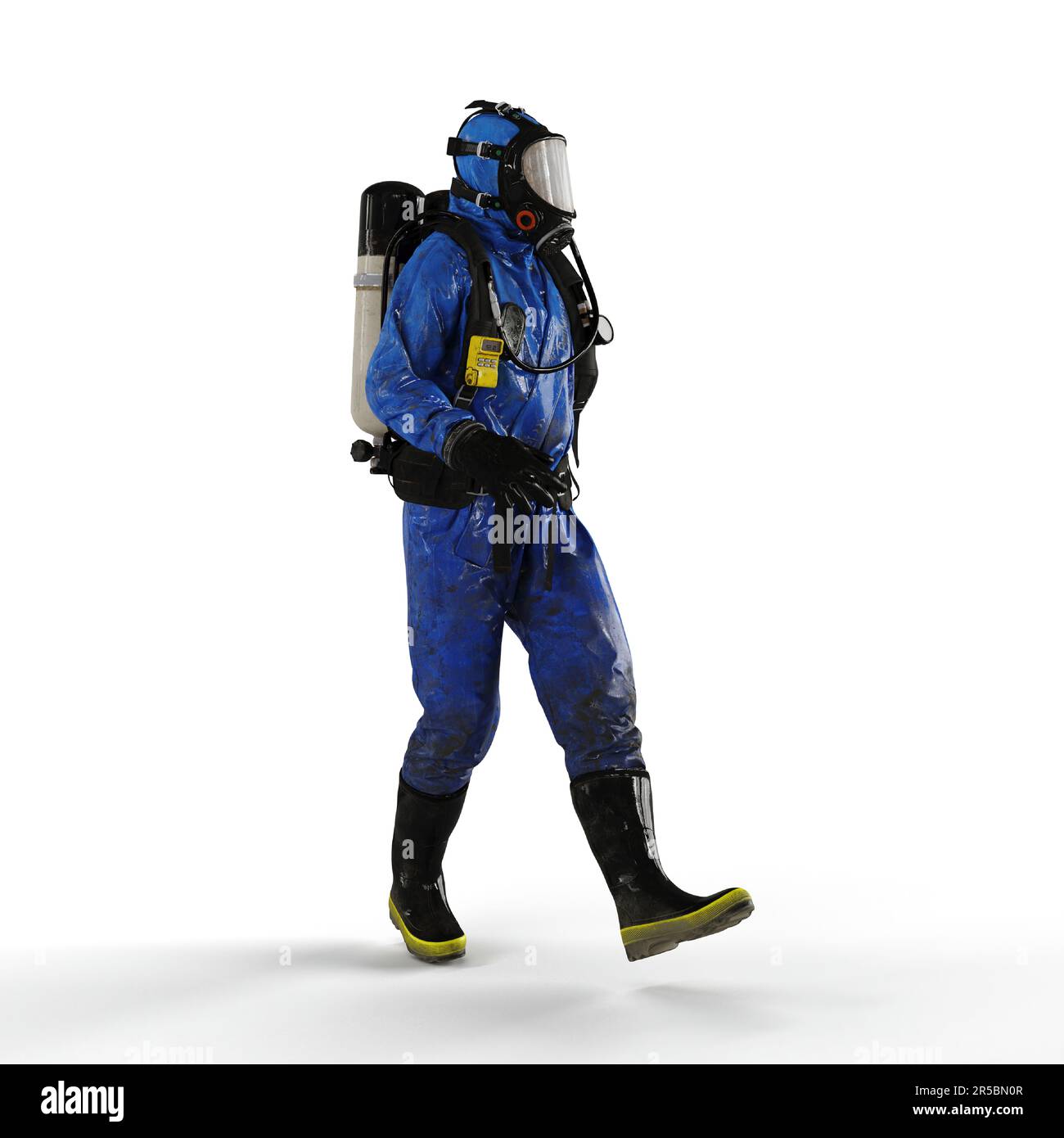 A 3d rendered illustration of a person wearing a blue gas mask and ...