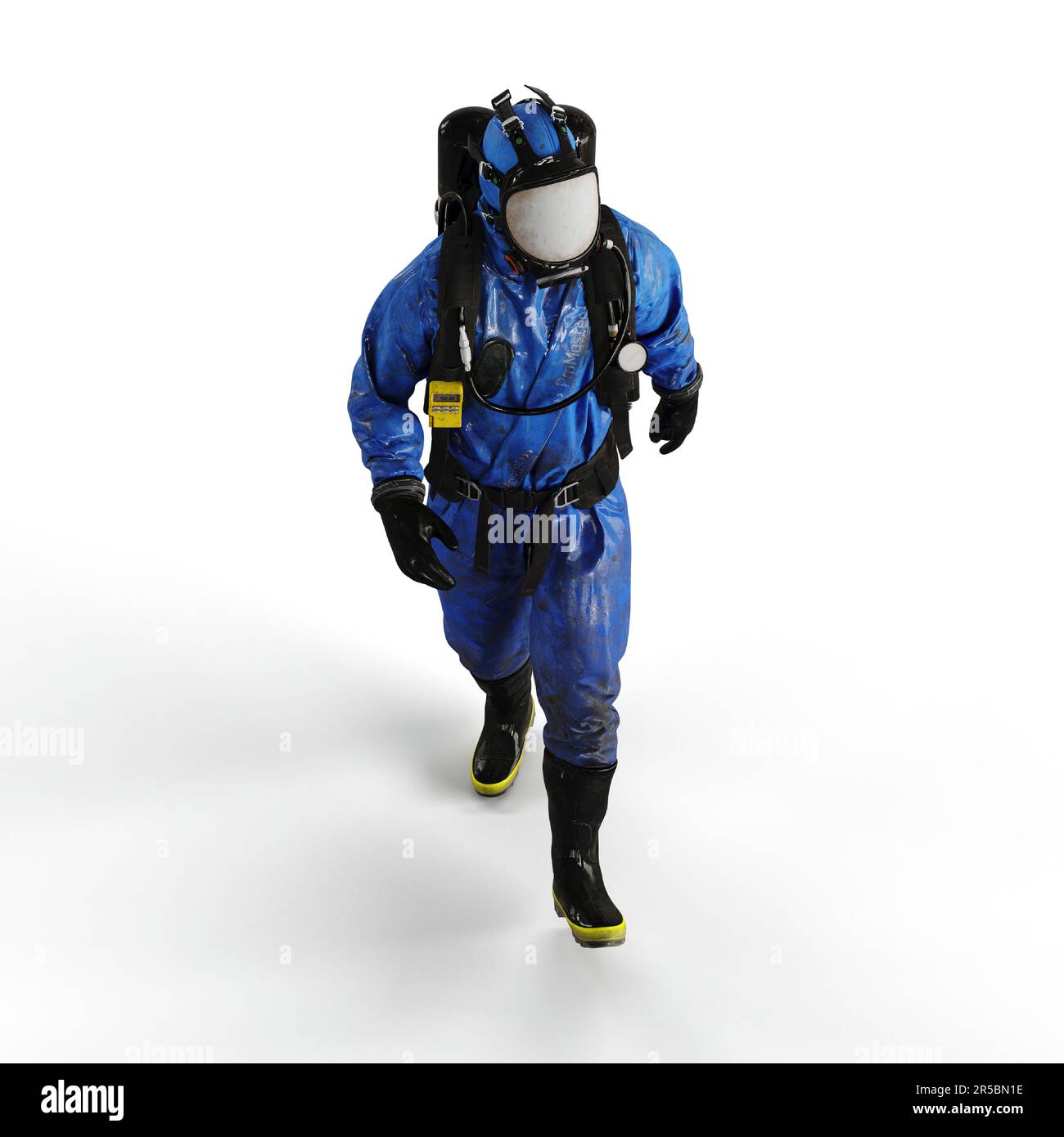 A 3d rendered illustration of a person wearing a blue gas mask and ...