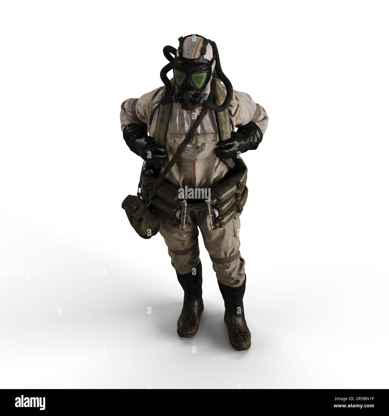 A 3d rendering of a person wearing a gas mask suit on a white ...