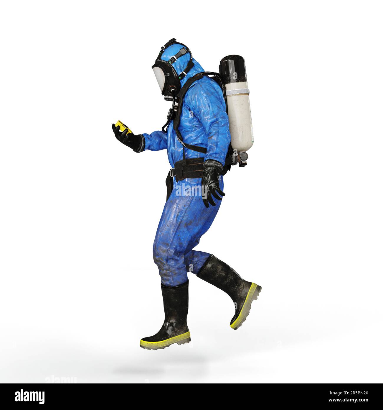 A 3d rendered image of a person wearing a blue gas suit and using a ...
