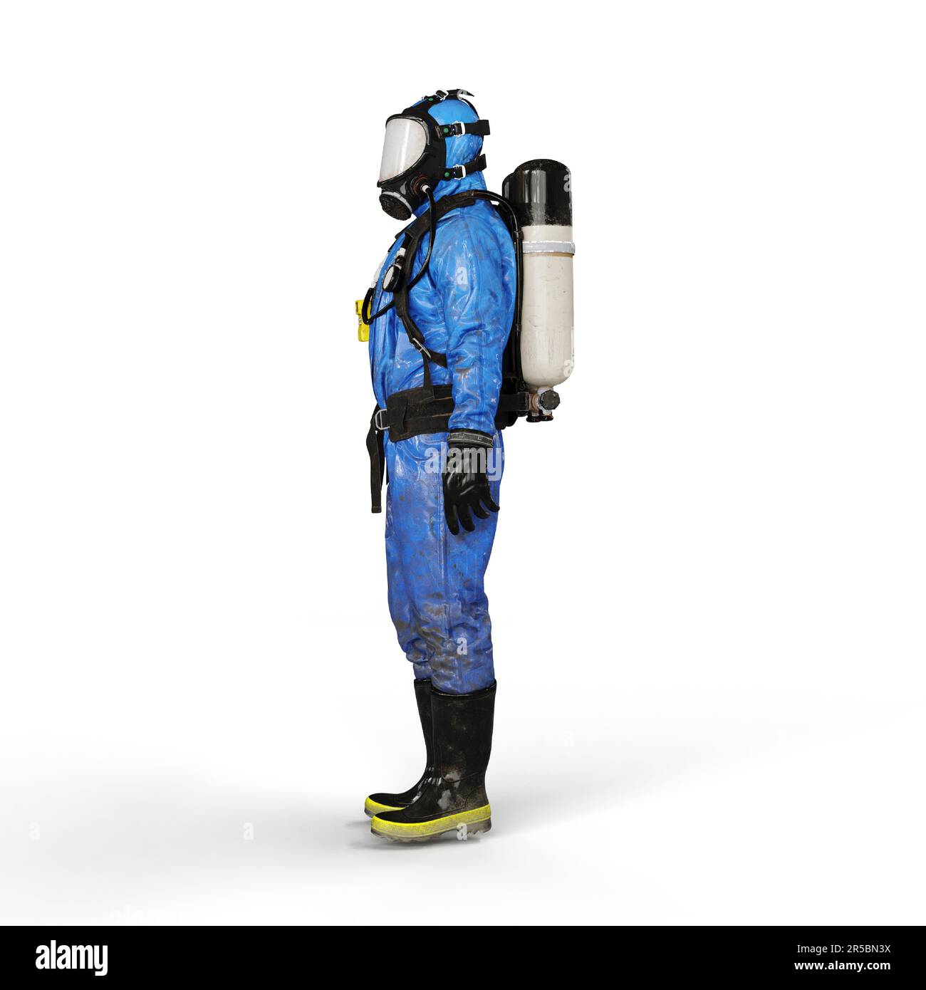 A 3D rendered image of a person in a blue gas mask and protective suit ...