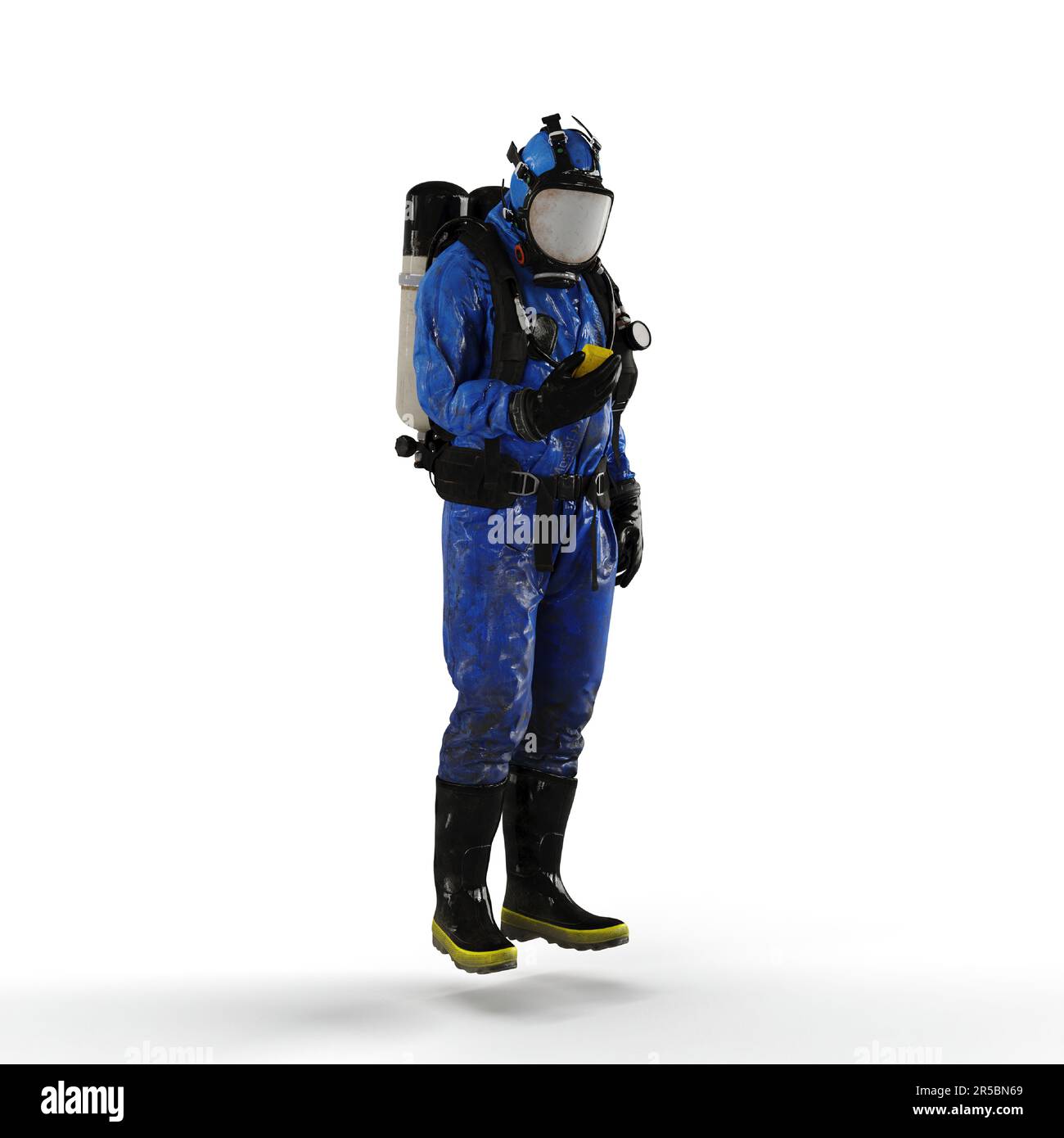 A 3d rendered image of a person wearing a blue gas suit and using a ...