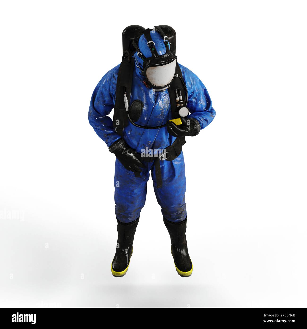 A 3d rendered image of a person wearing a blue gas suit and using a ...