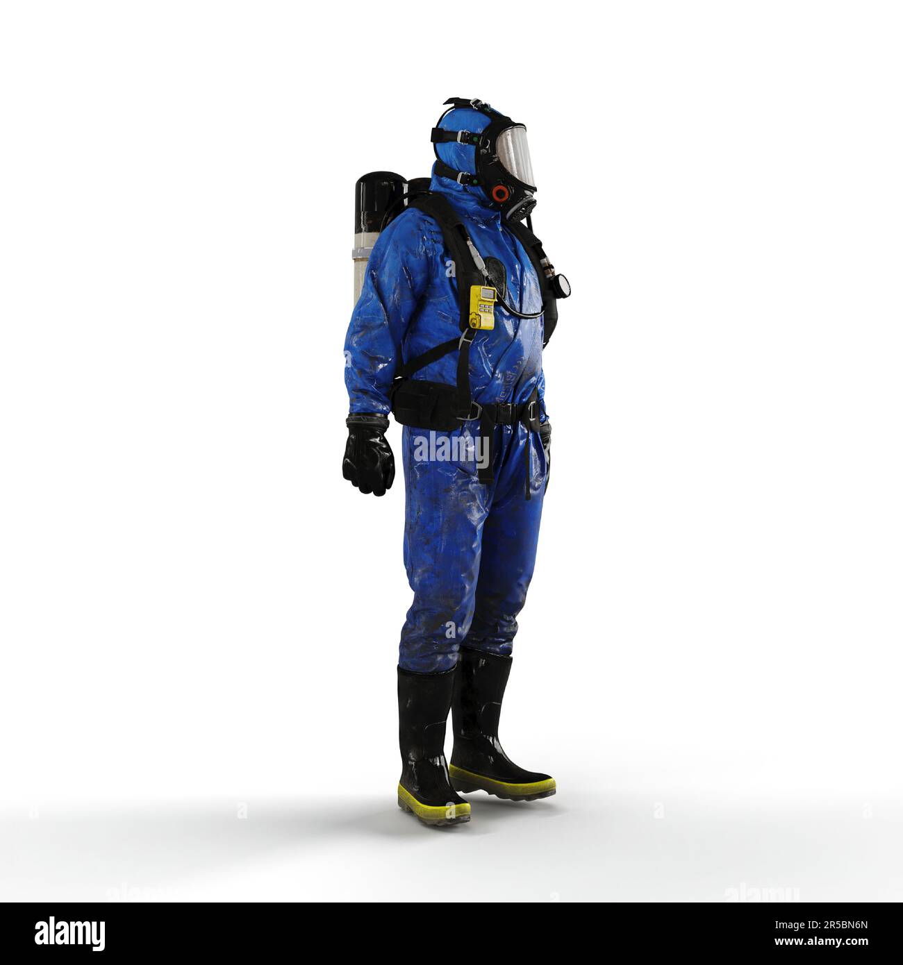 A 3D rendered image of a person in a blue gas mask and protective suit ...