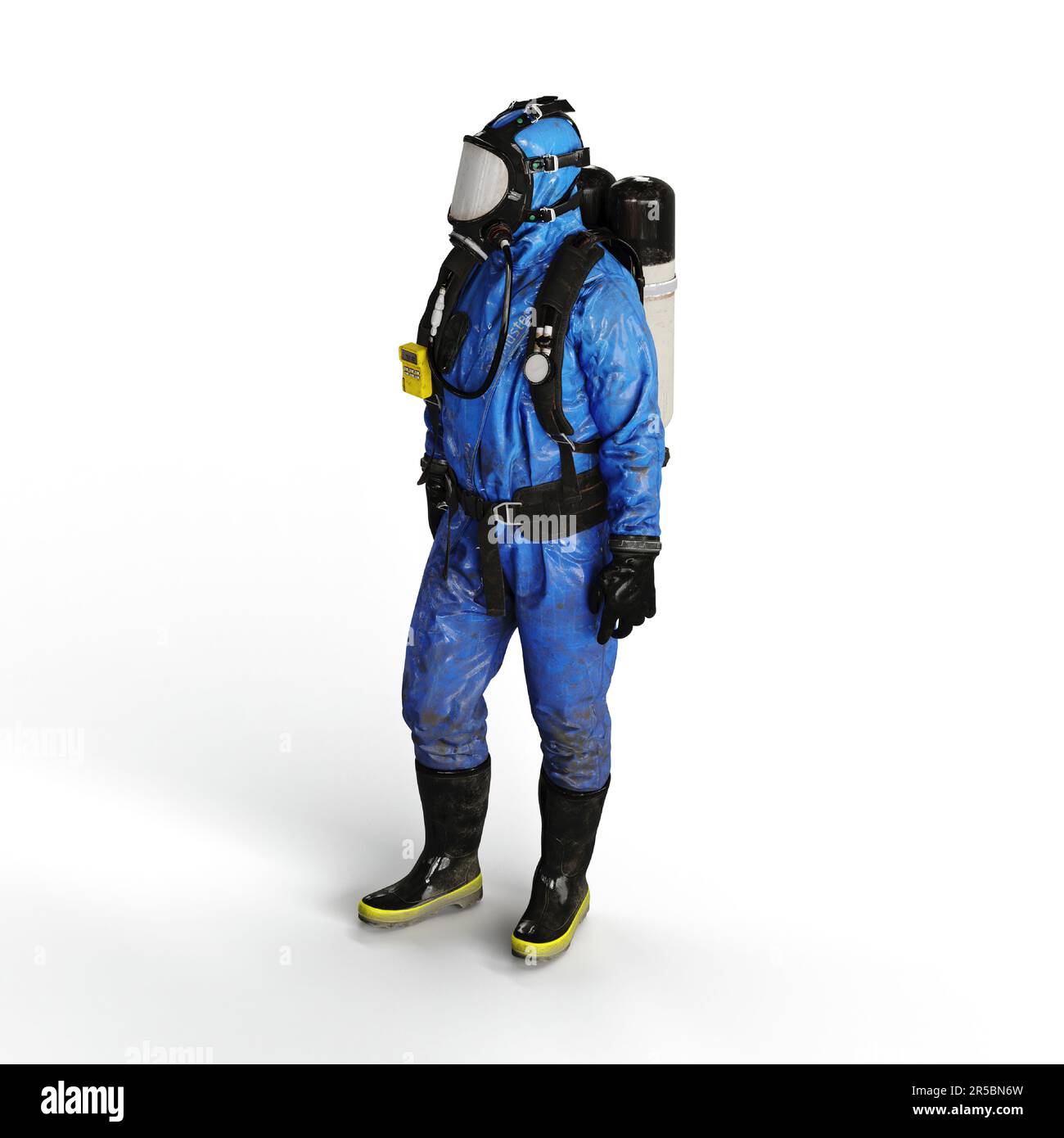 3D rendering of a human figure in a blue gas mask and protective suit ...