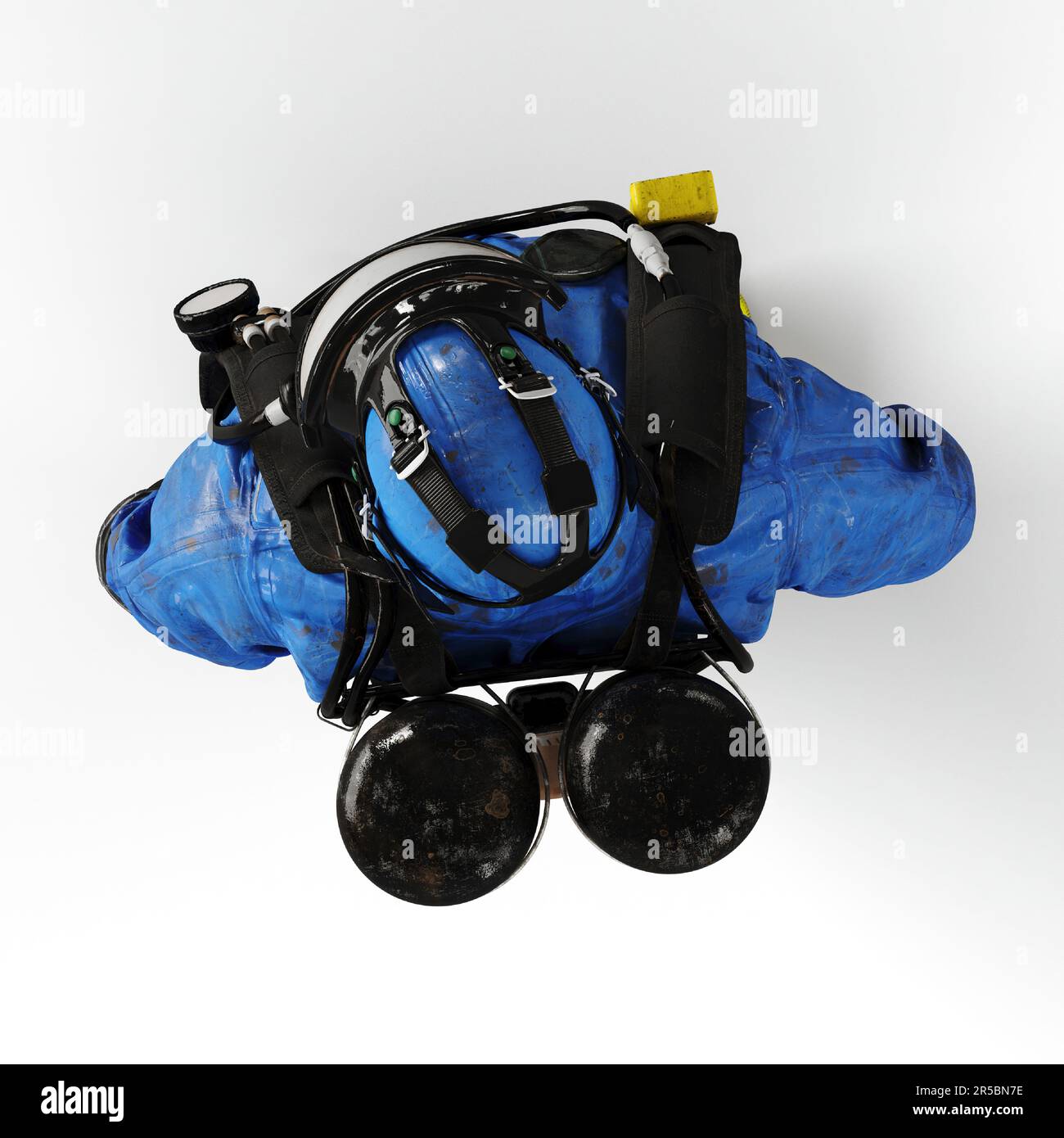 A 3D illustration of a person wearing a blue gas mask and protective ...