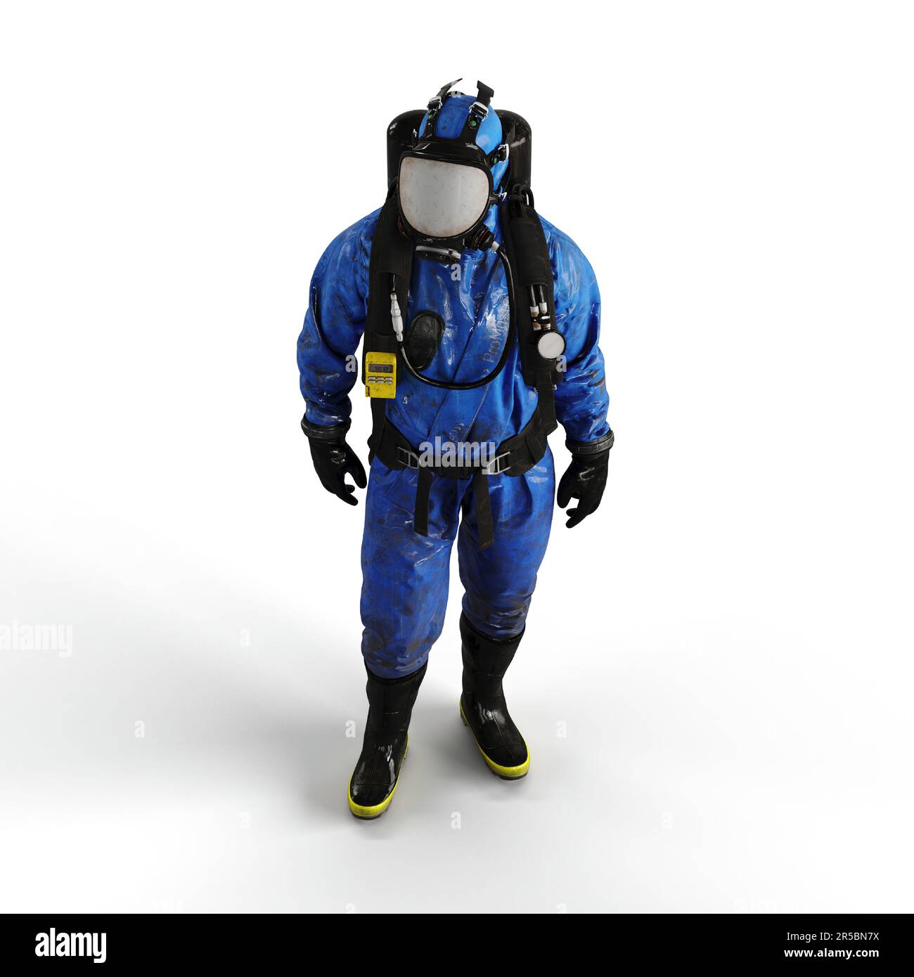 A 3D rendering of a human figure dressed in blue scuba diving gear ...