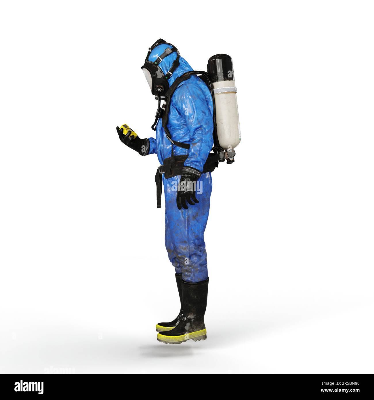 A 3d rendered image of a person wearing a blue gas suit and using a ...
