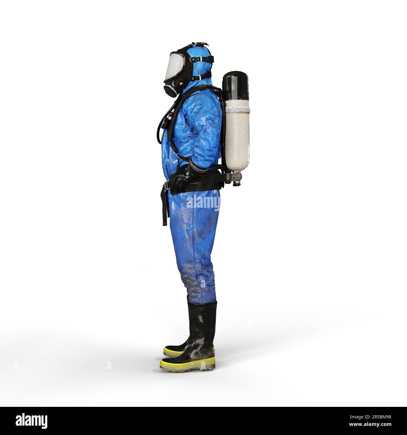 A 3D rendering of a human figure dressed in blue scuba diving gear ...