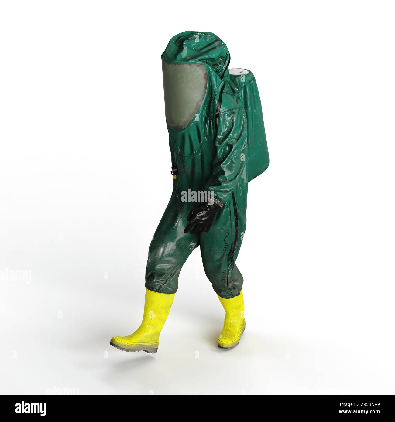 A 3D rendering of a person wearing a green hazard suit, walking on a ...