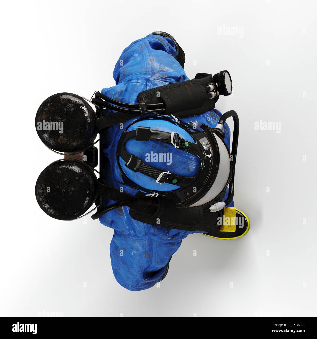 A 3D rendering of a human figure dressed in blue scuba diving gear ...