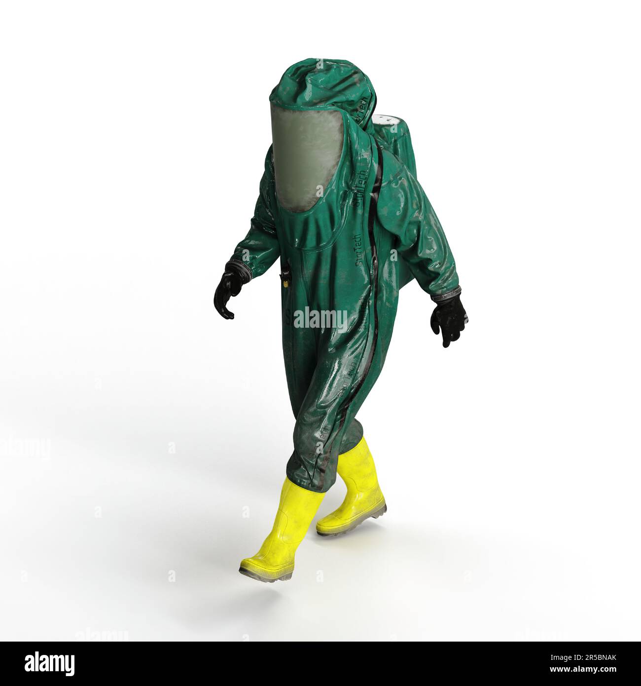 A 3d rendered image of a person wearing a green protective hazmat suit ...