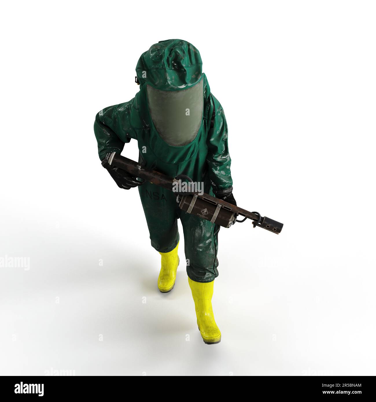 A 3D rendering of a person in a green hazmat suit carrying a gun Stock ...