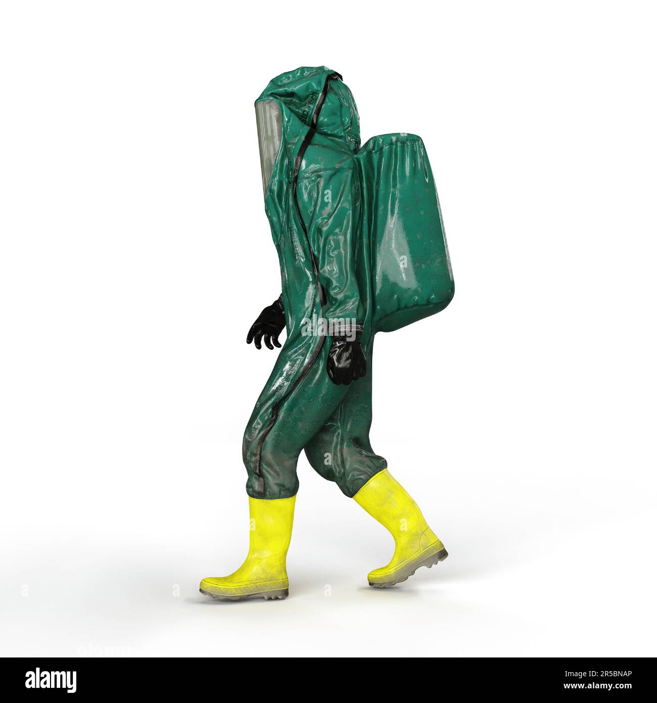 A 3D rendering of a person wearing a green hazard suit, walking on a ...