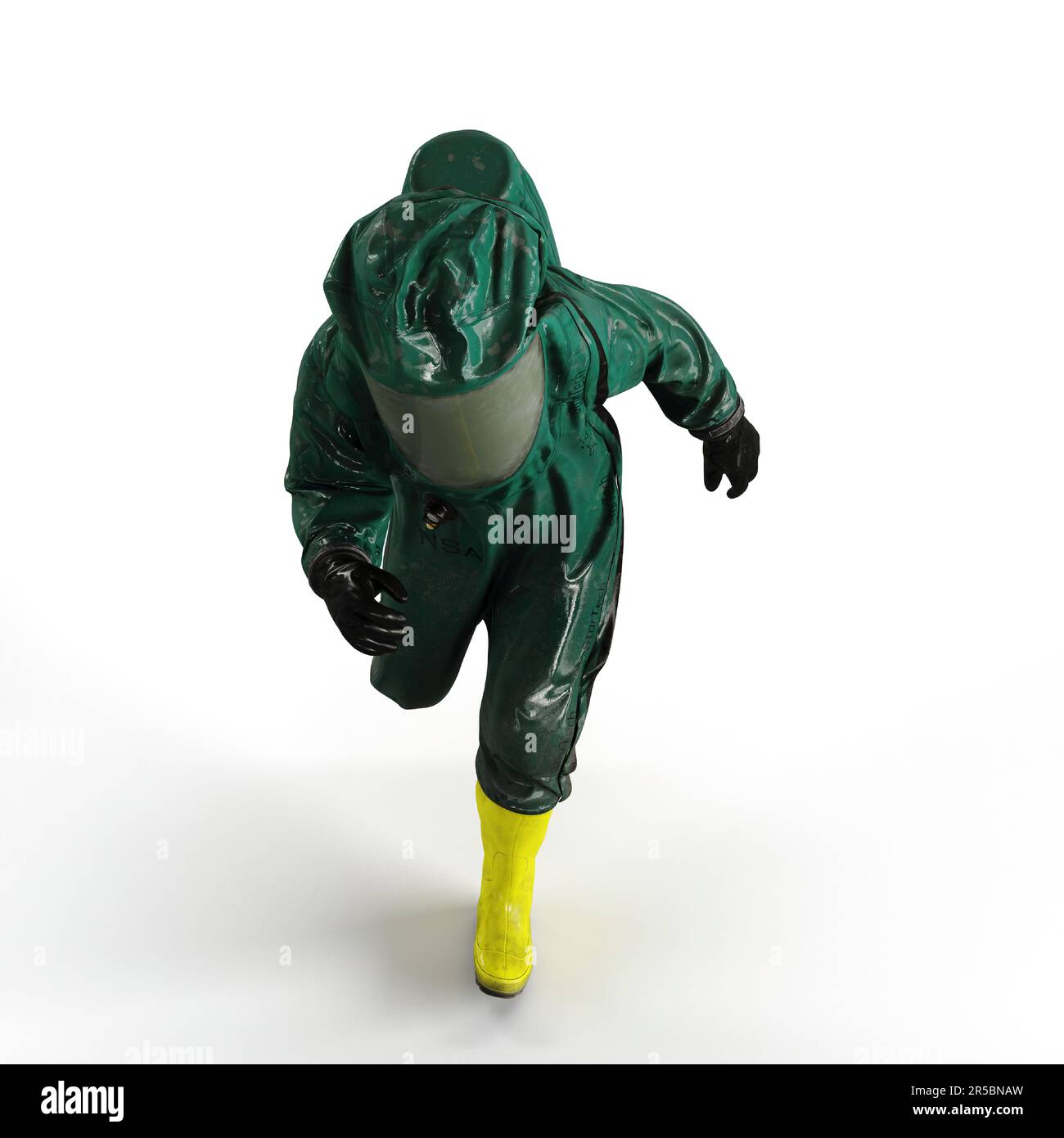 3D rendering of a man wearing a green safety suit and yellow boots in ...