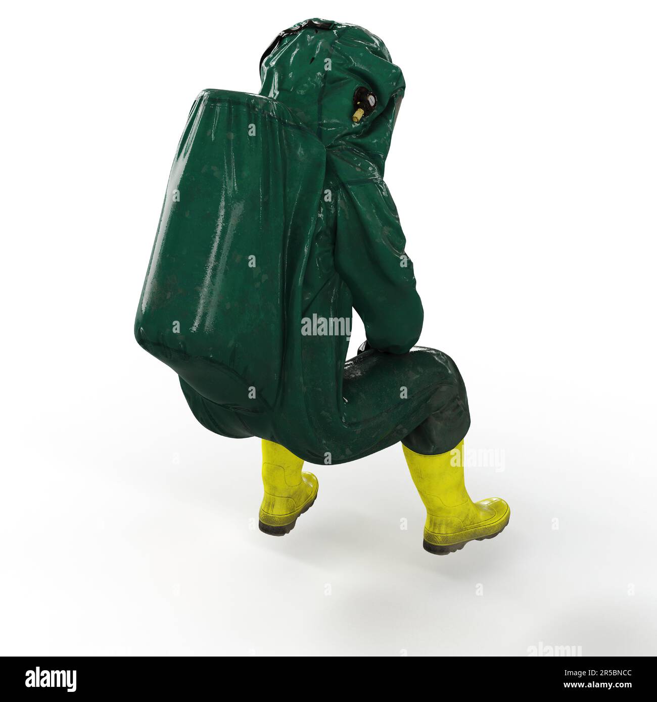 A 3d render of a person wearing a green hazmat suit, sitting on a white ...