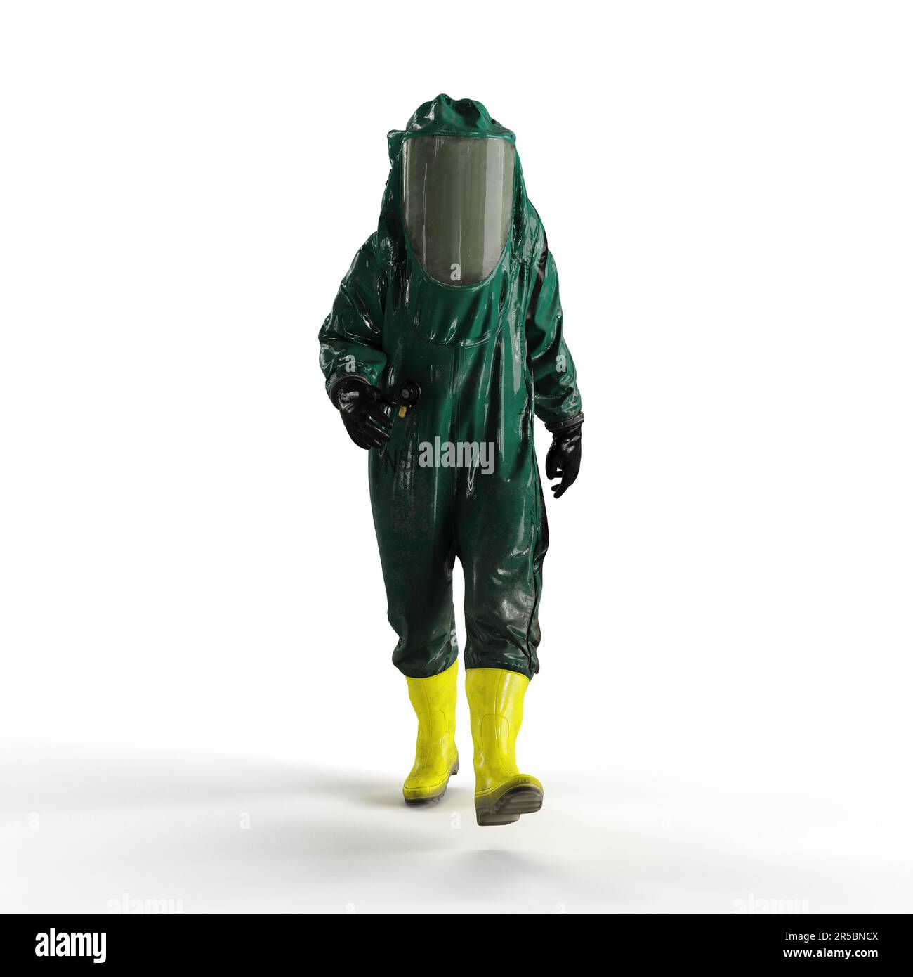A 3D rendering of a person wearing a green hazard suit, walking on a ...